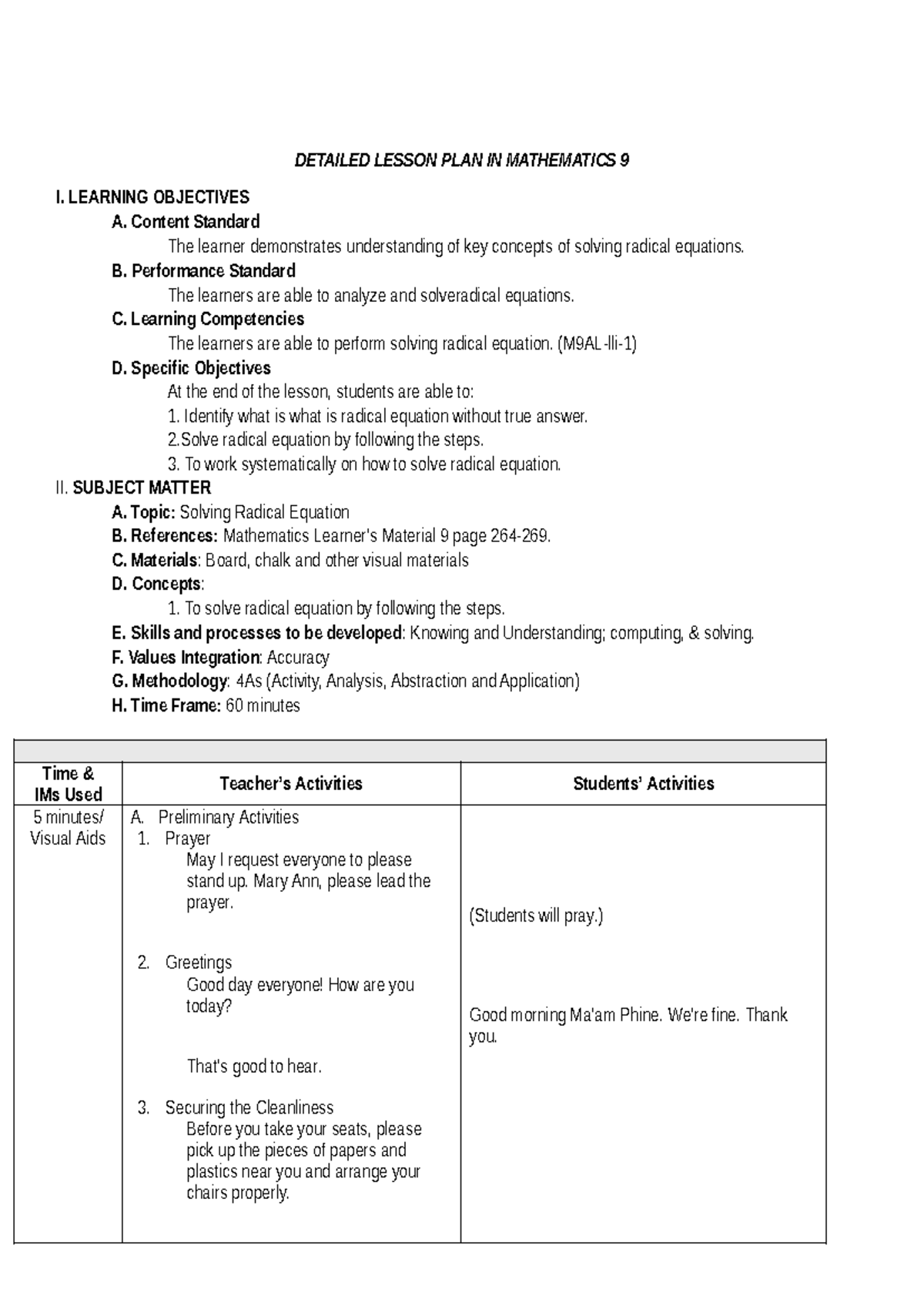Solving Equation - DETAILED LESSON PLAN IN MATHEMATICS 9 I. LEARNING ...