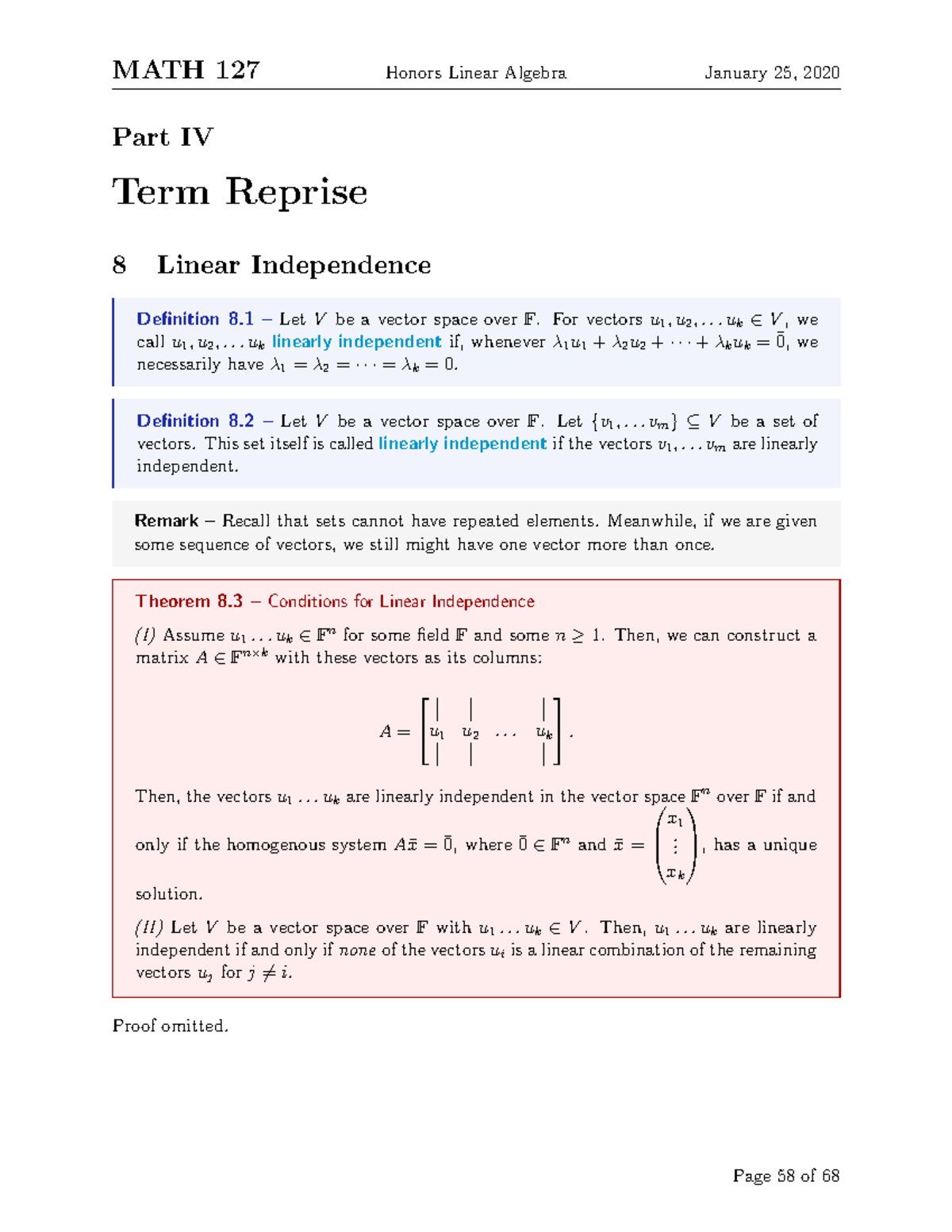 MATH 235-58 - Lecture notes 58 - MATH 127 Honors Linear Algebra January ...