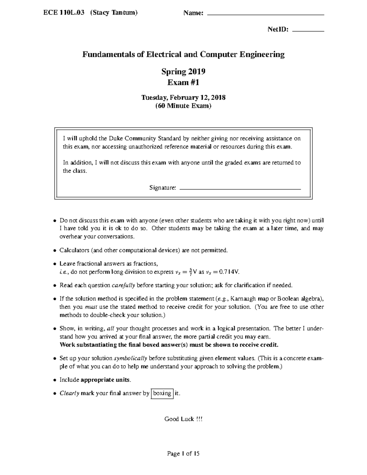 2019 +Spring+-+ECE+110L+Exam+1 - ECE 110L (Stacy Tantum) Name: NetID ...