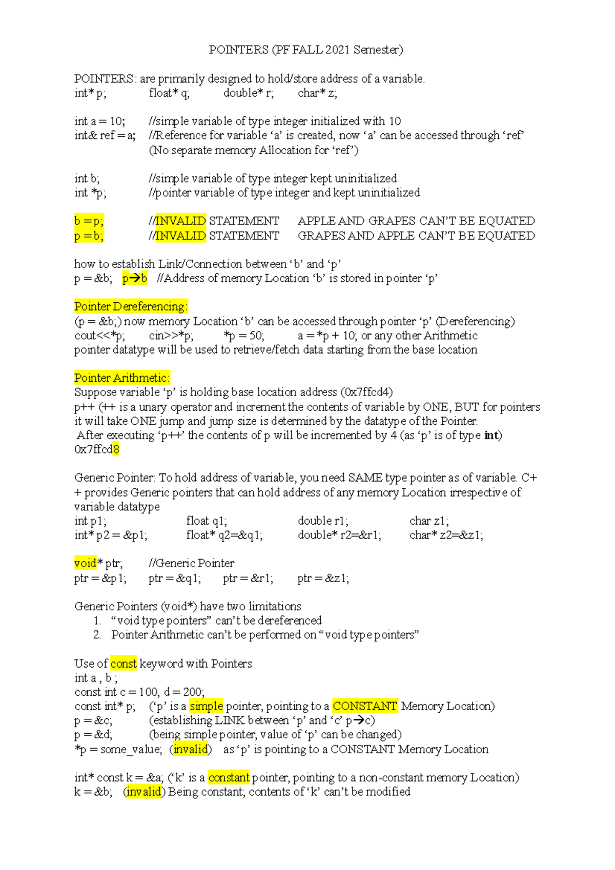 Pointers Handout C Programming Fundamentals Pointers Pf Fall 2021 Semester Pointers Are