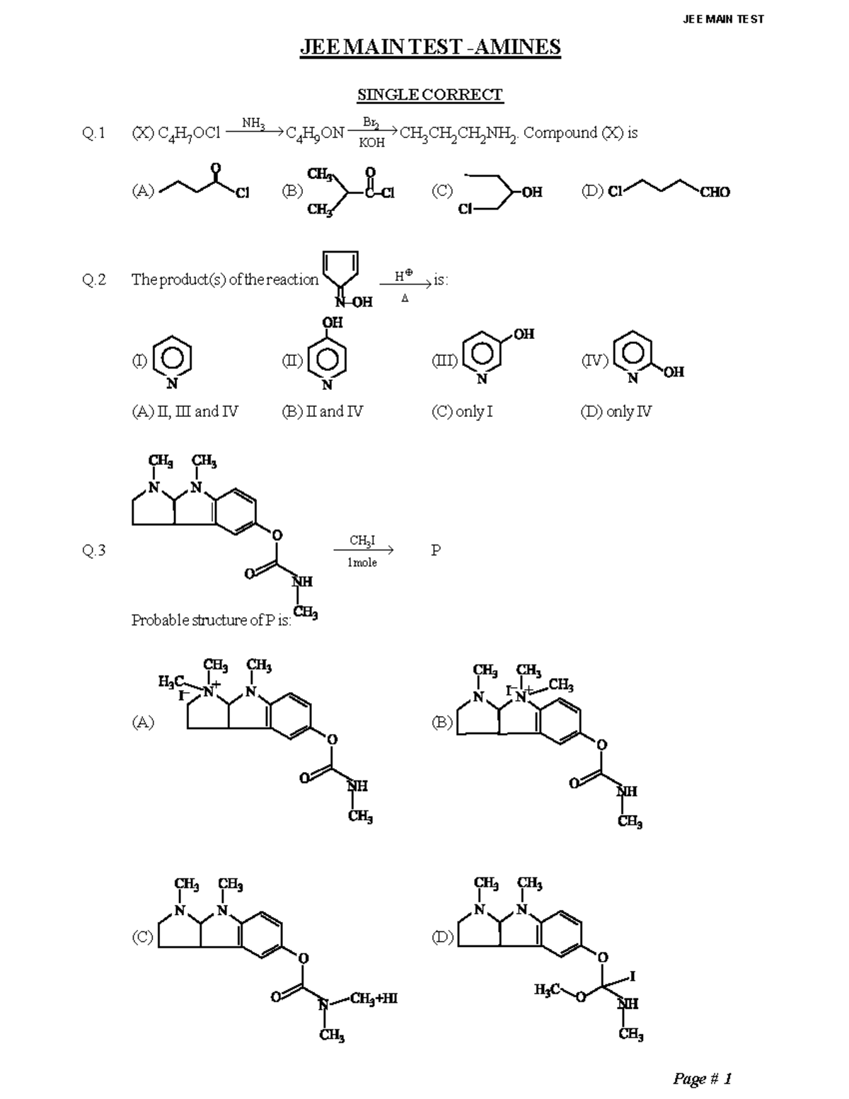 Amines-JEE MAIN TEST without answer - JEE MAIN TEST -AMINES SINGLE ...