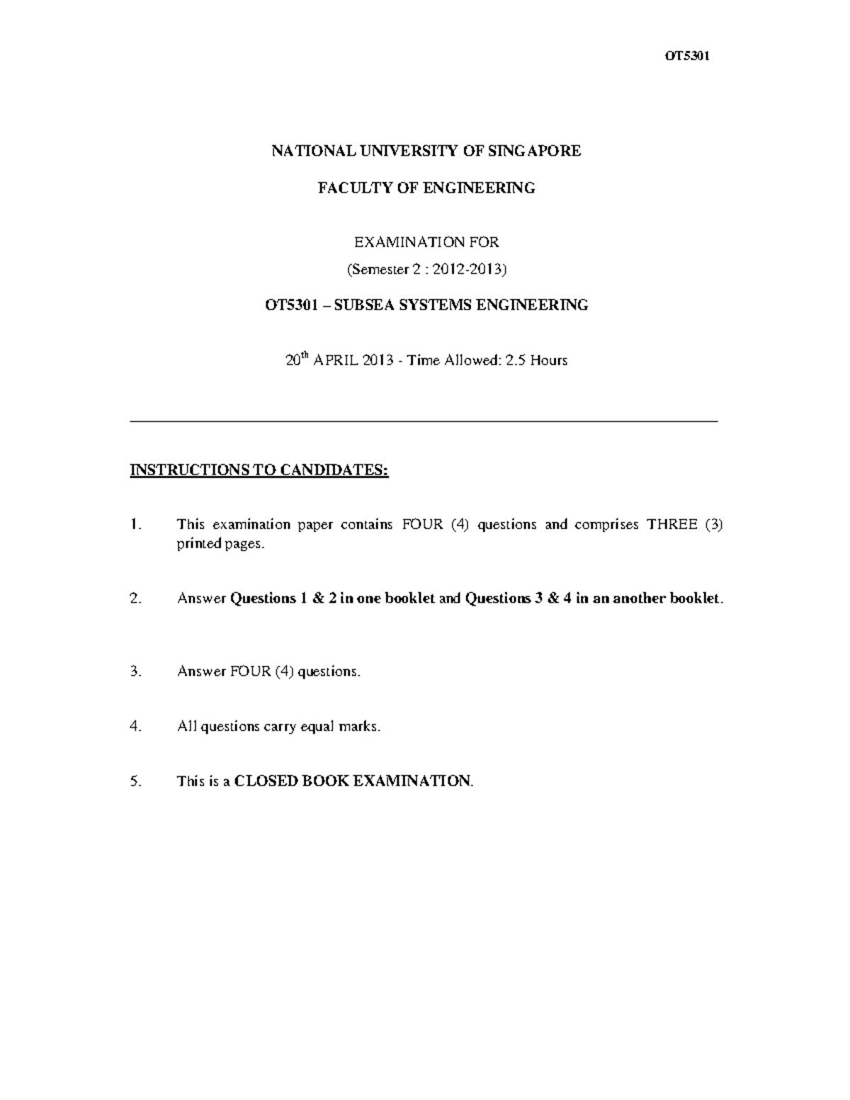 Exam 2012, questions - OT NATIONAL UNIVERSITY OF SINGAPORE FACULTY OF ...