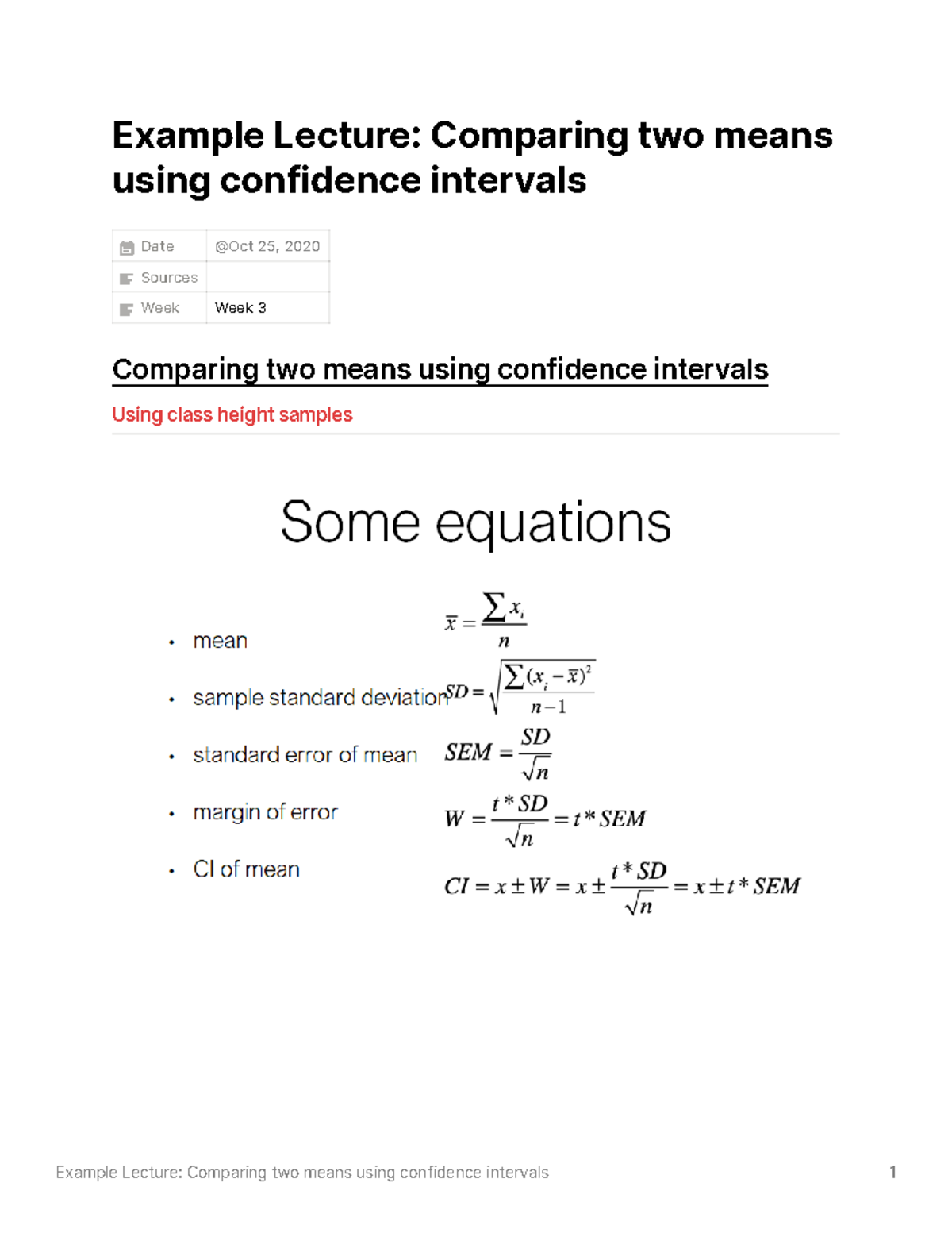 Example Lecture Comparing two means using confidence intervals ...