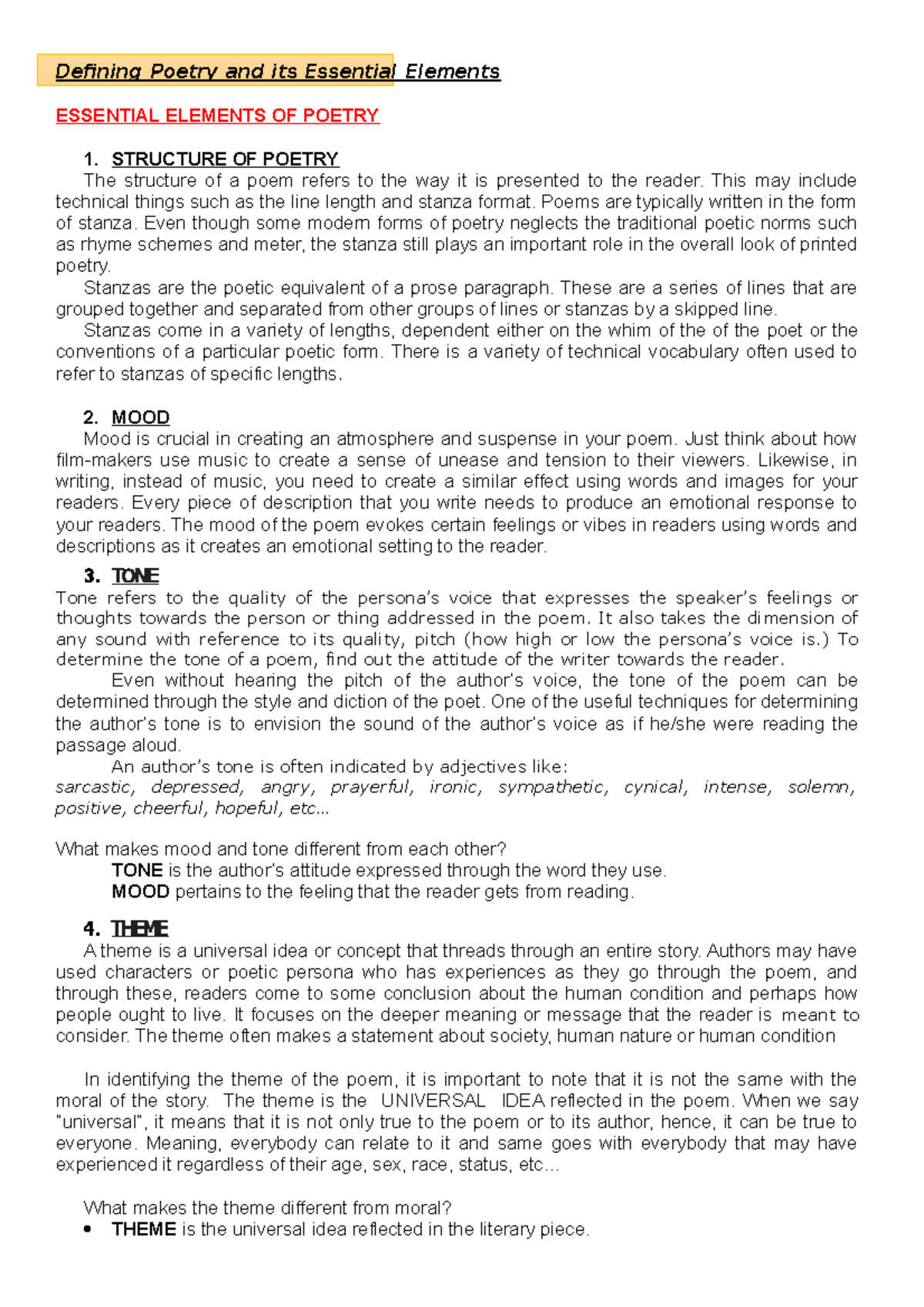 Defining Poetry and its Essential Elements - Defining Poetry and its ...