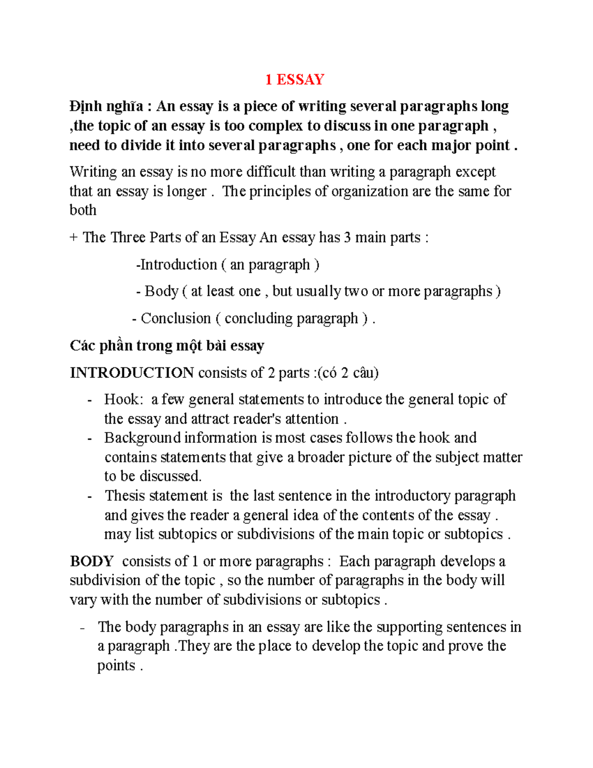 ĐỀ CƯƠNG MÔN VIẾT VỀ CÁC DẠNG Essay - 1 ESSAY Định nghĩa : An essay is ...