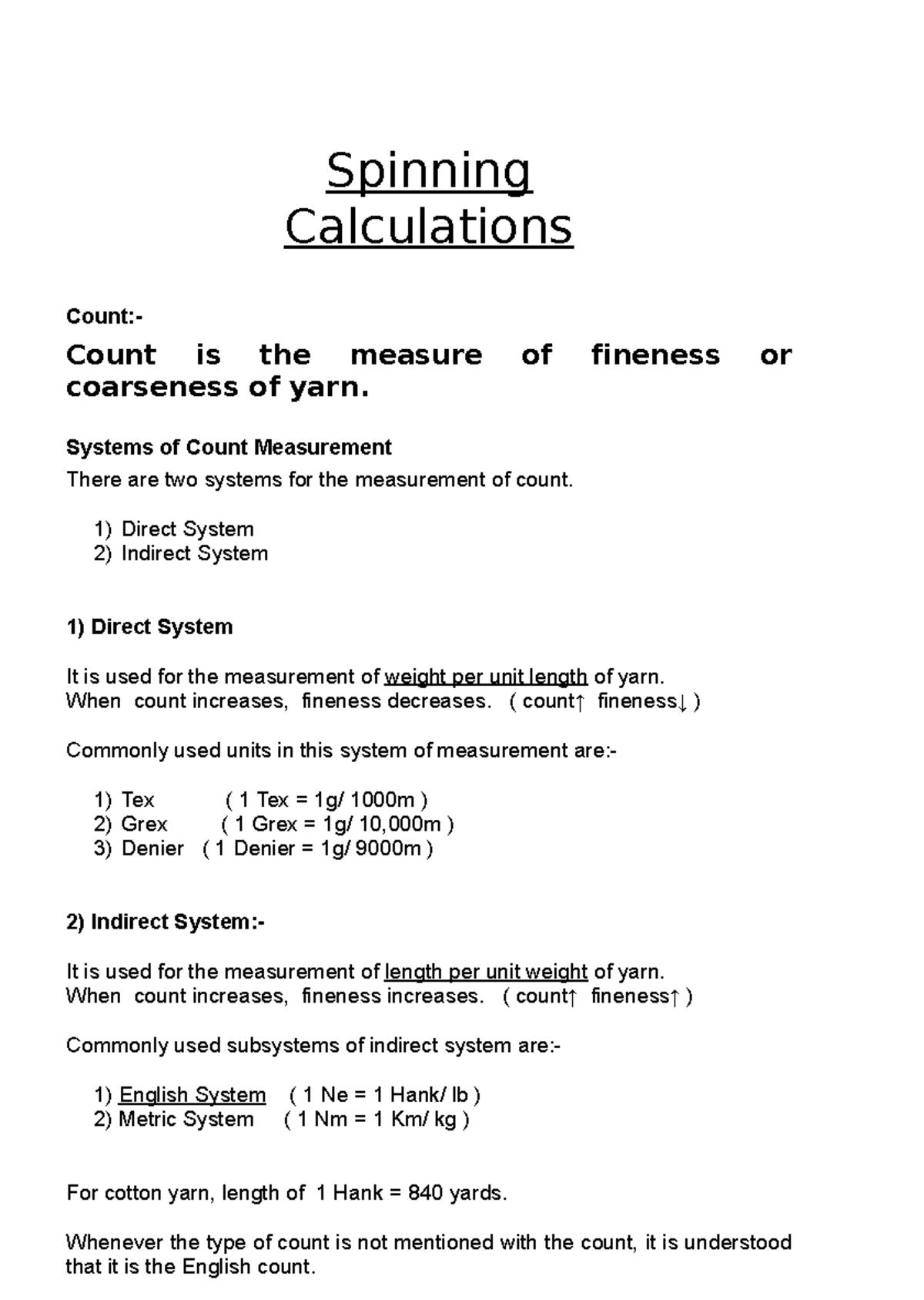 18924476-Yarn-Calculations - Spinning Calculations Count:- Count is the ...