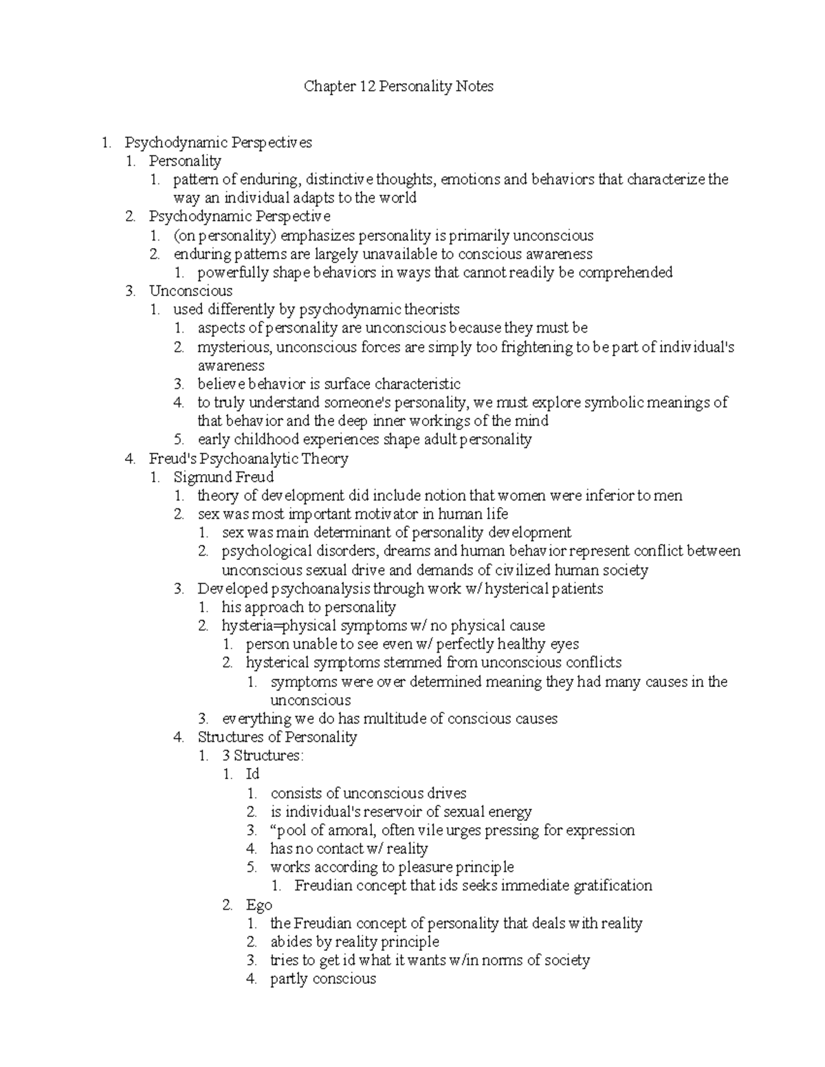 Chapter 12 Personality Notes - Chapter 12 Personality Notes 1 ...