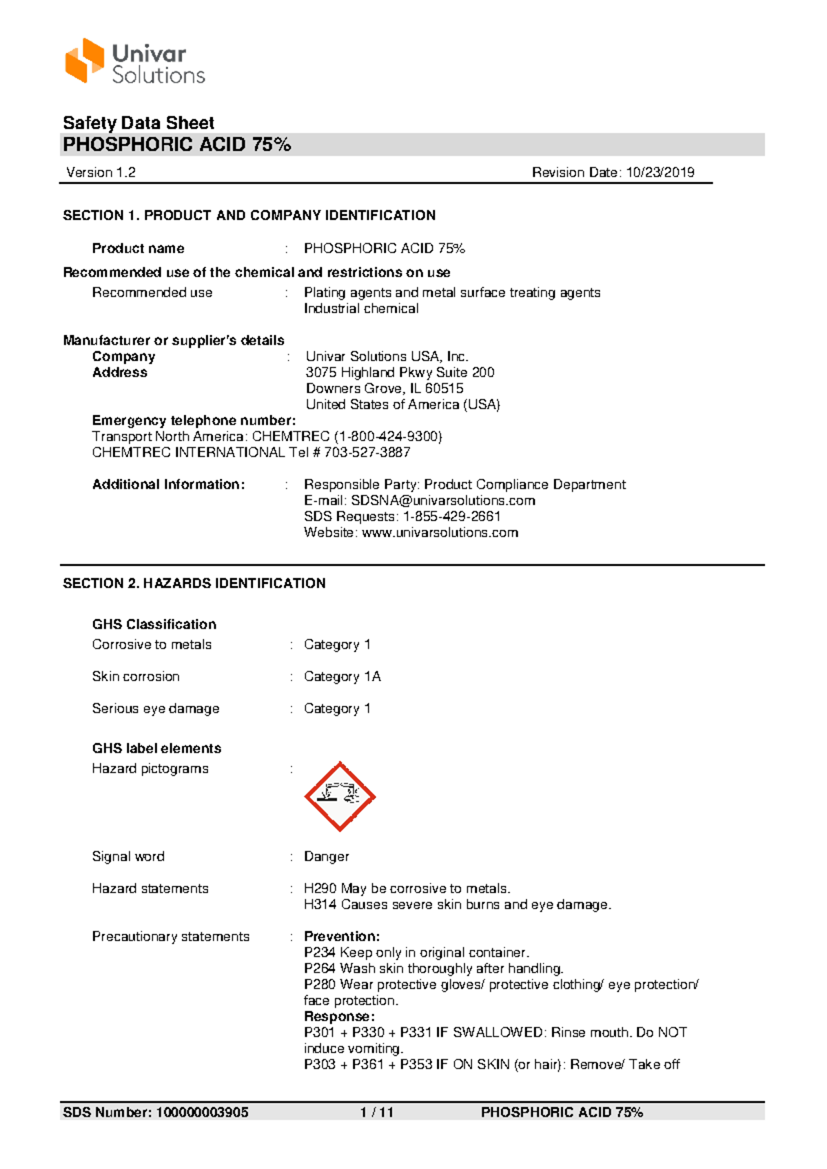 Sds file-16143709 - vavavav - PHOSPHORIC ACID 75% Version 1. 2 Revision ...
