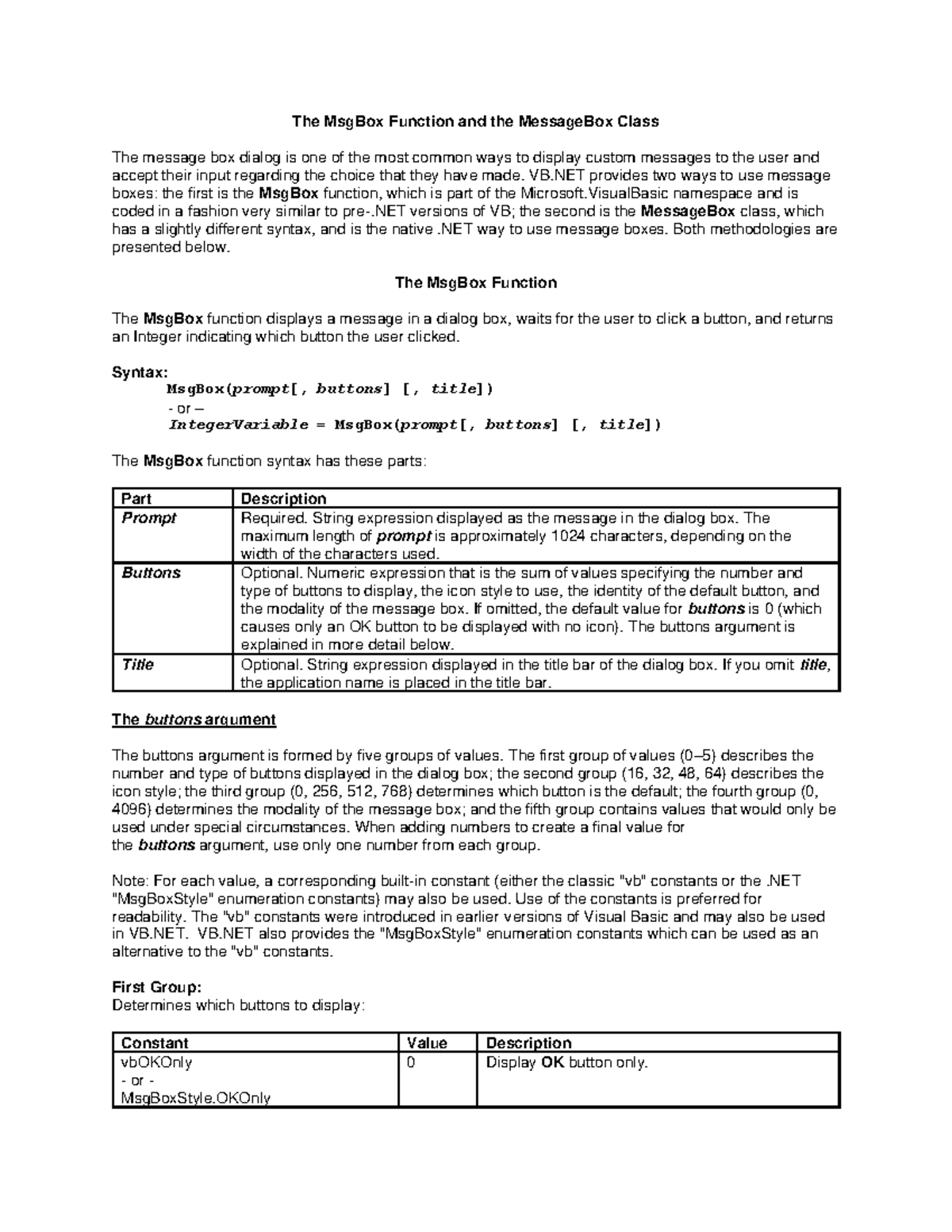 The Msg Box Function And The Message Box Class The Msgbox Function And The Messagebox Class