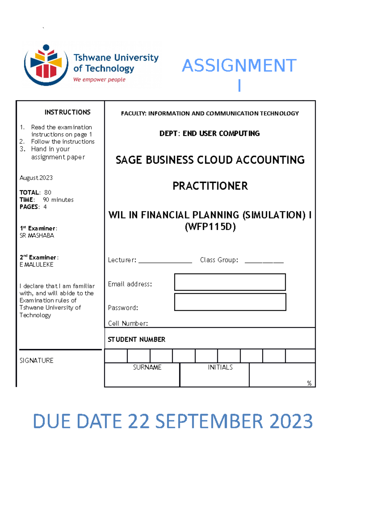 Sage Assignment I (6) - Copy - ` INSTRUCTIONS 1. Read the examination ...