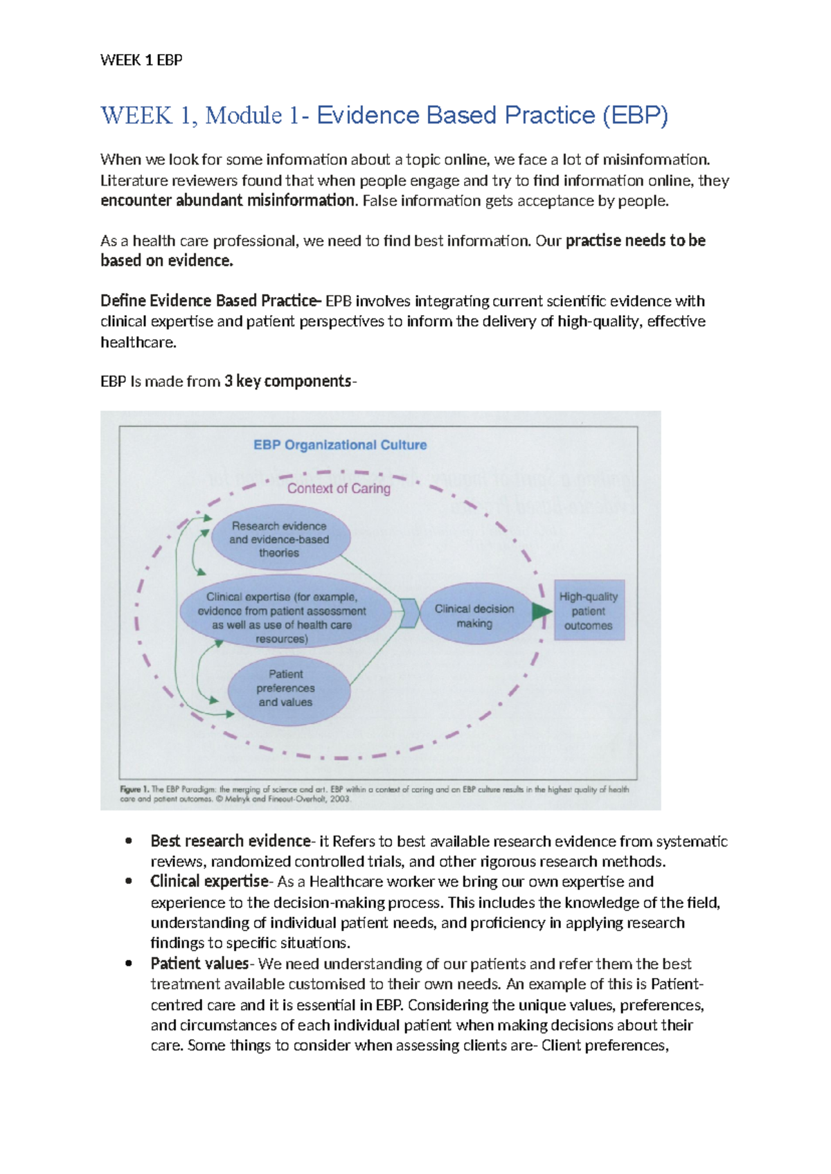 Week 1 content - For exam - WEEK 1, Module 1- Evidence Based Practice ...