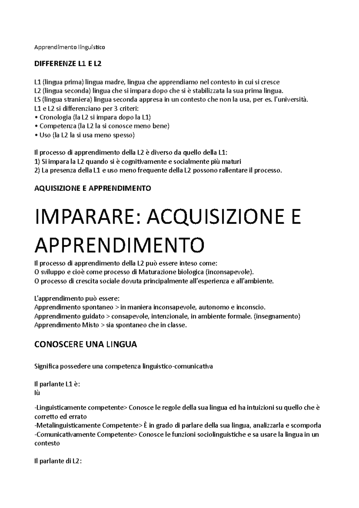 Apprendimento linguistico - Apprendimento linguistico DIFFERENZE L1 E L ...