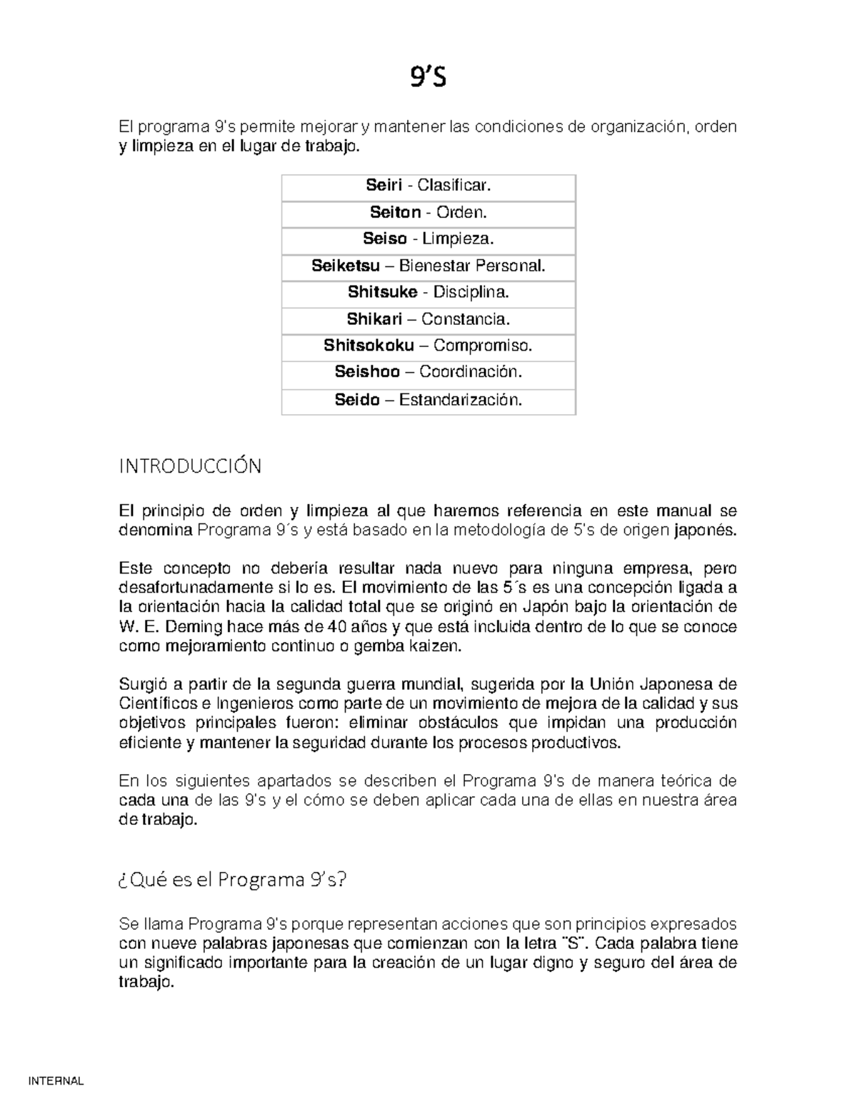 Conceptos Básicos 9s (Lectura) - 9’S El programa 9’s permite mejorar y mantener las condiciones ...