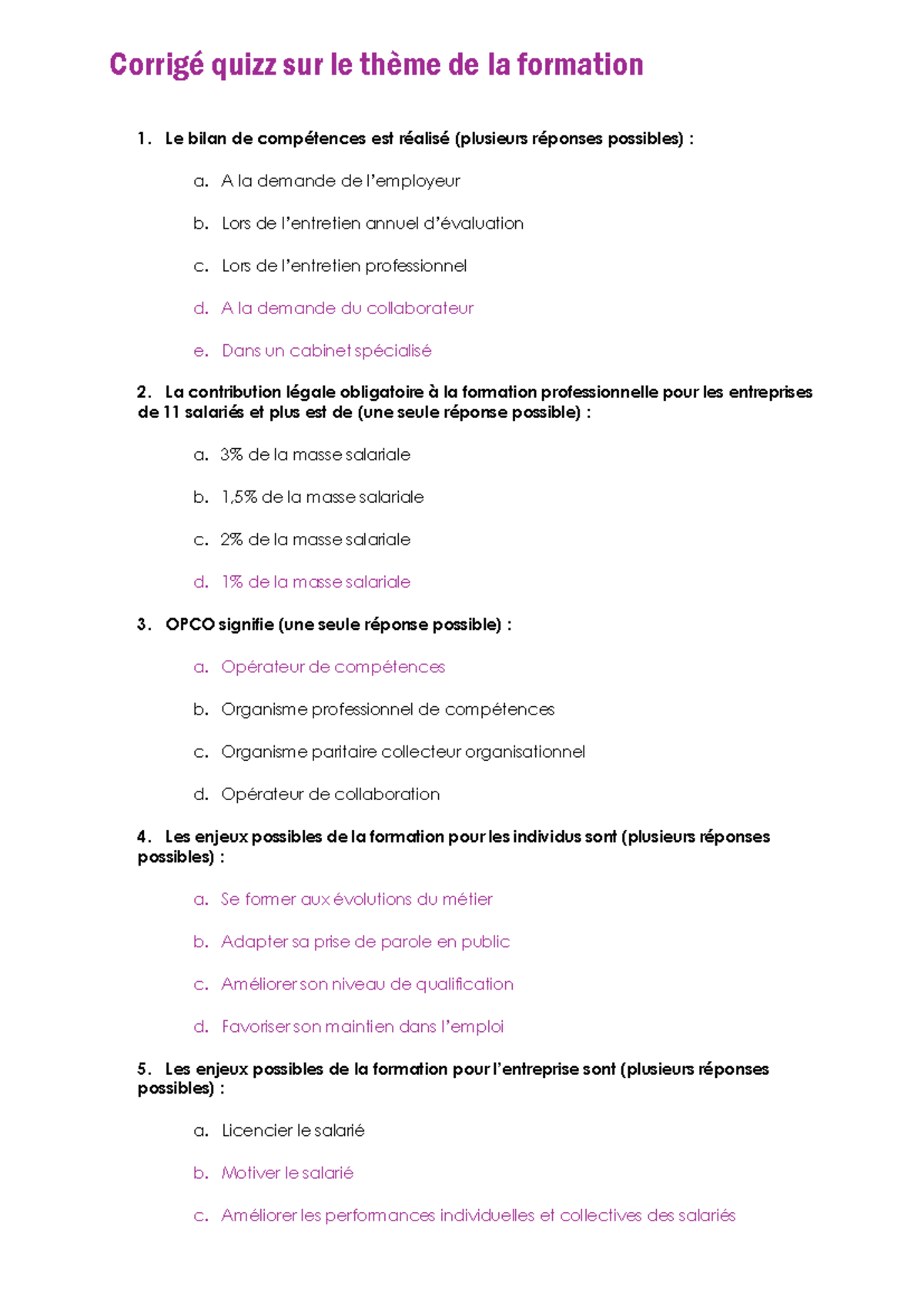 Corrige Quizz sur le thème de la formation - Le bilan de compétences ...