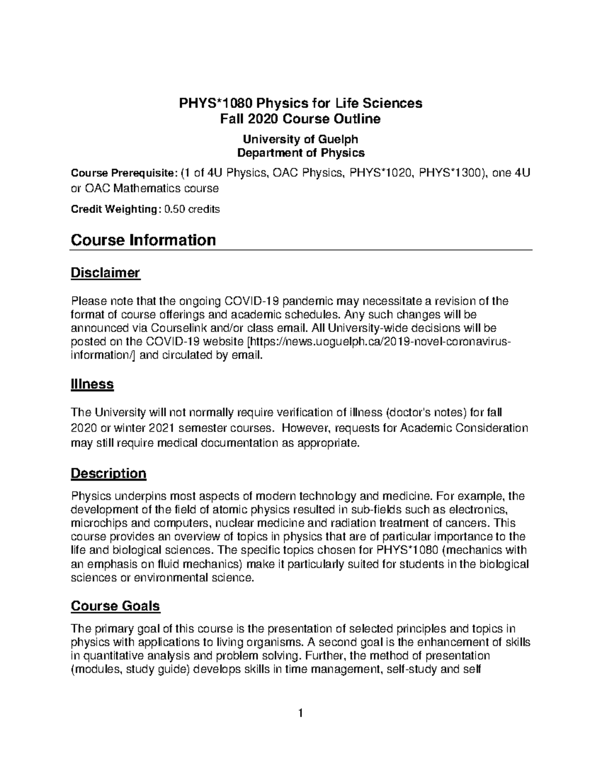 PHYS1080 F20 course outline - PHYS*1080 Physics for Life Sciences Fall ...