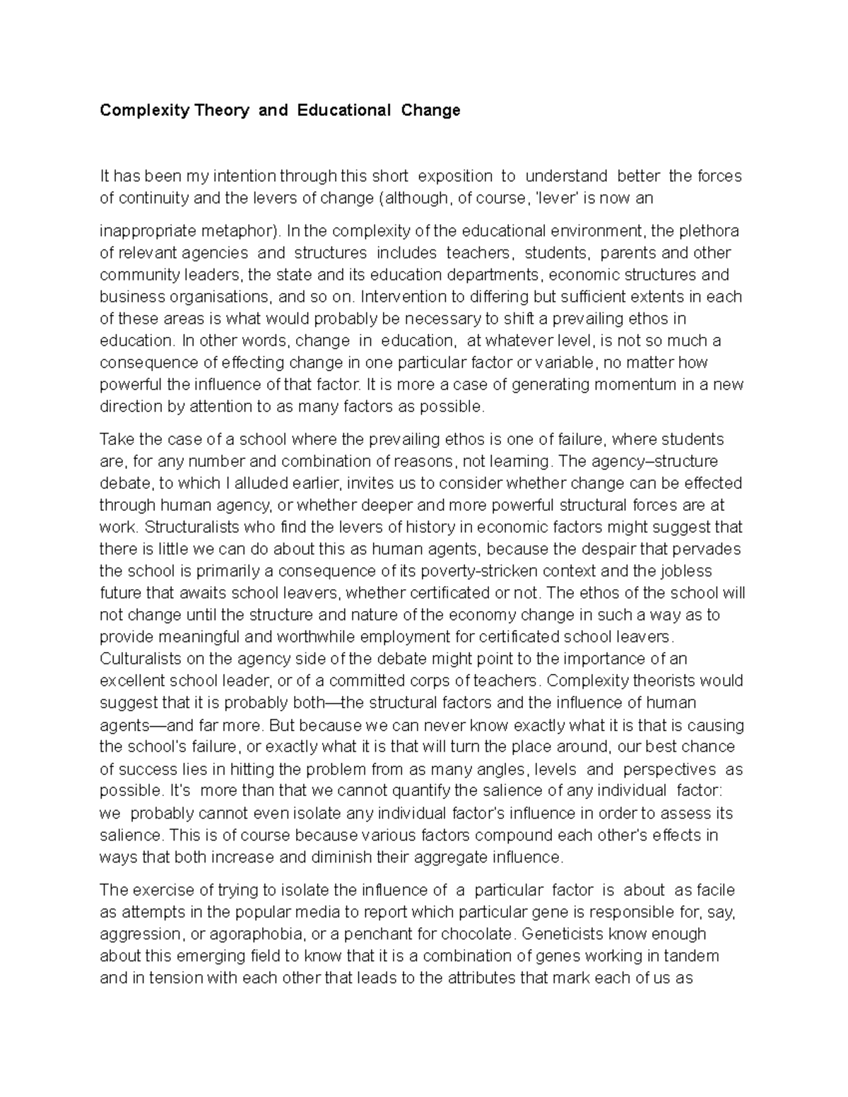 Complexity Theory and Educational Change - In the complexity of the ...