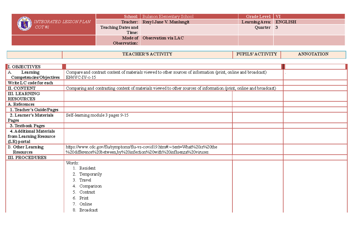 COT PLAN for THIRD GRADING ENGLISH 6 - INTEGRATED LESSON PLAN COT School: Bulanon Elementary ...