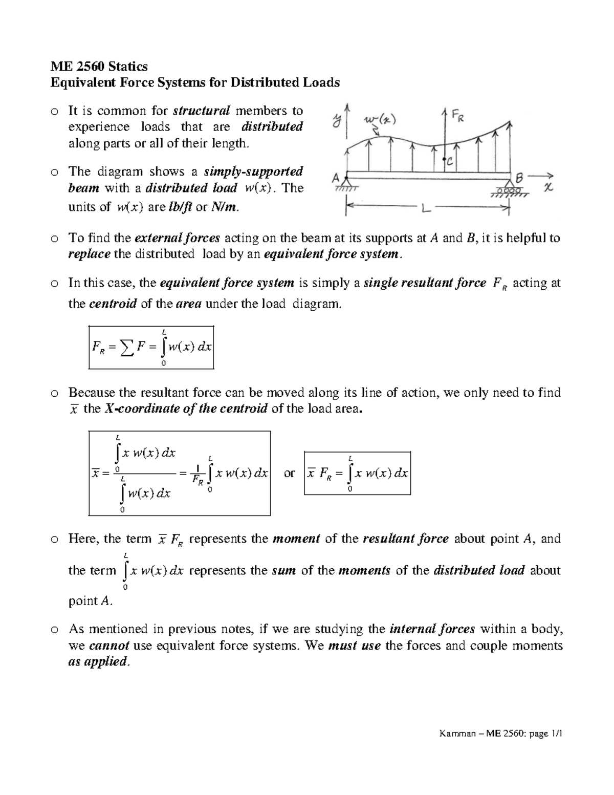 ME256Equivalen Force Systemsfor Distributed Loads - Kamman – ME 2560 ...
