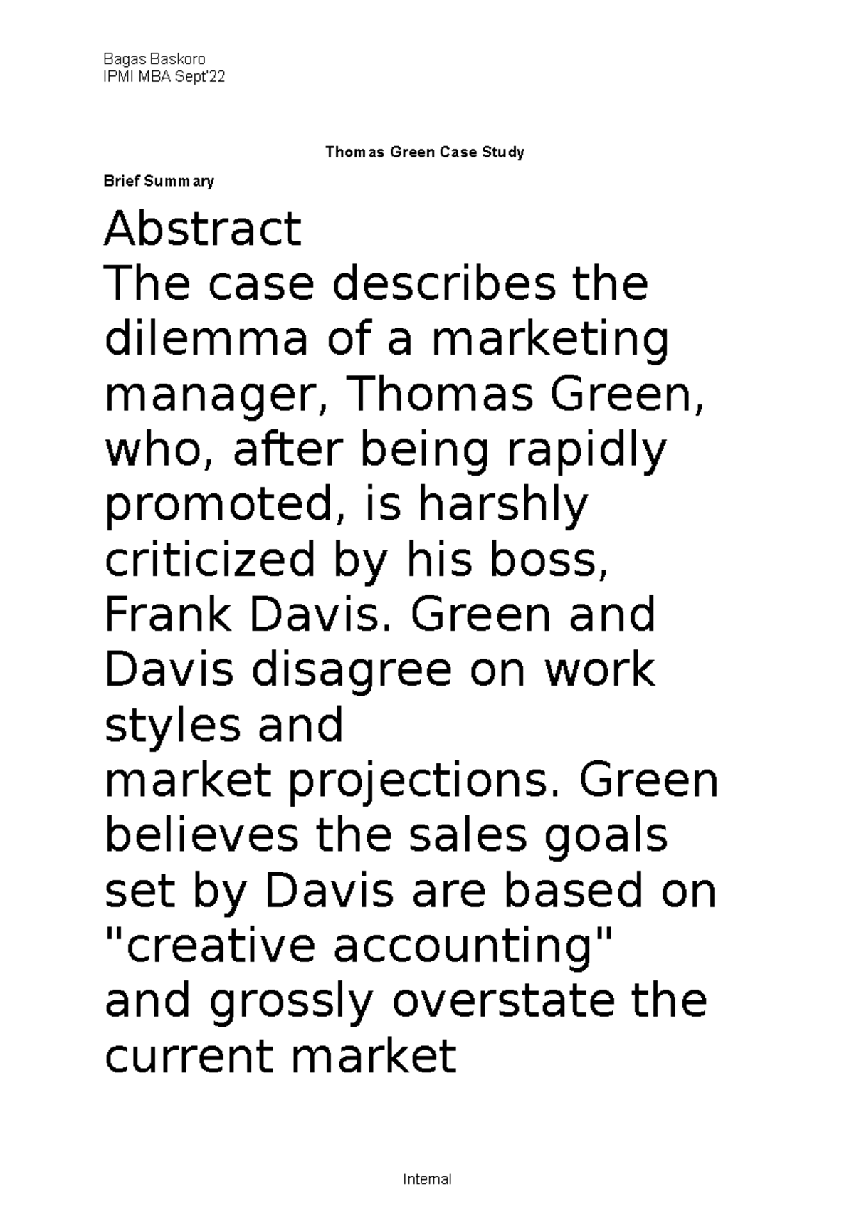 Thomas Green Case Study-Bagas - IPMI MBA Sept’ Thomas Green Case Study ...