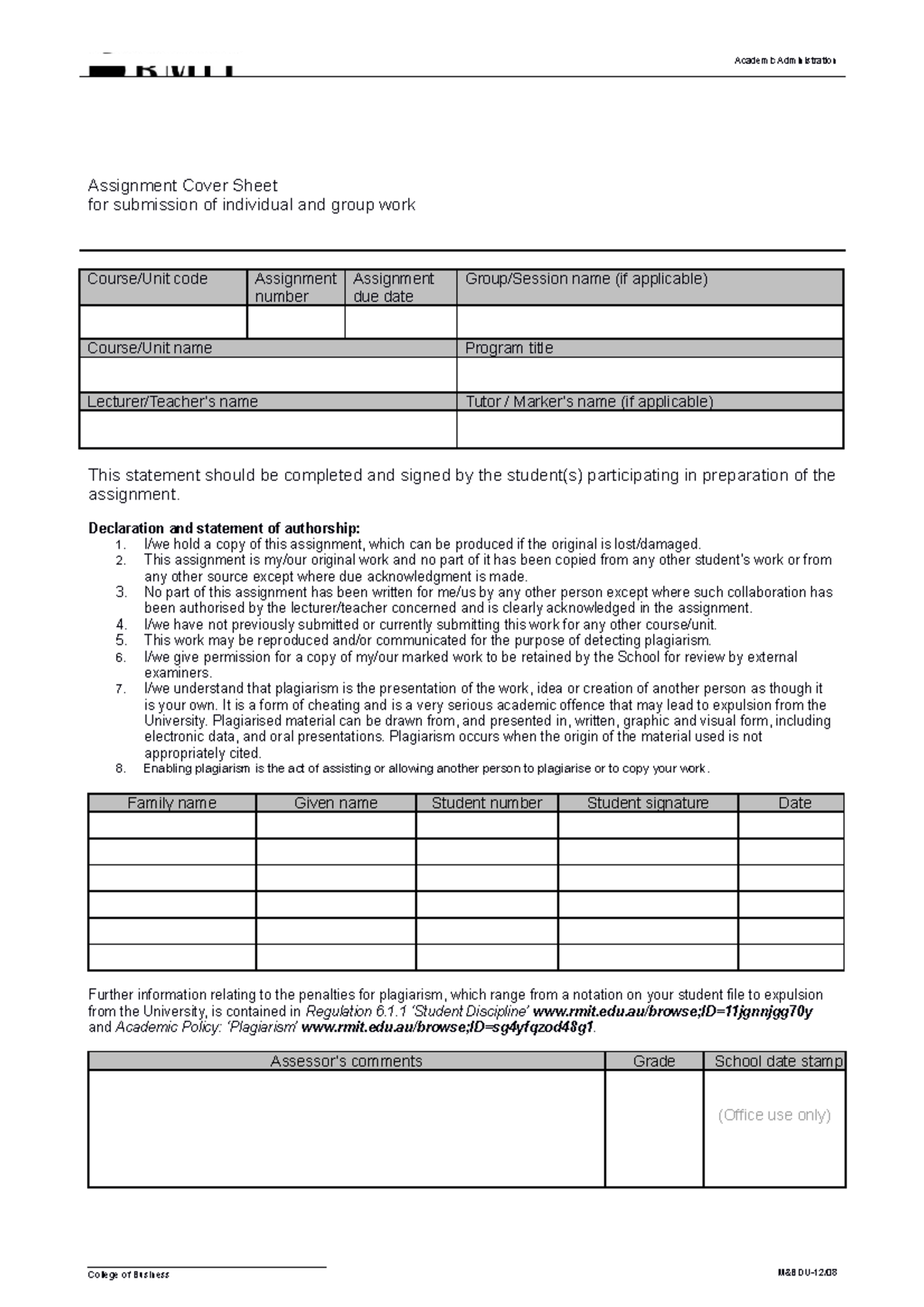 Assignment Cover Sheet Free Word Template Download - Academic ...