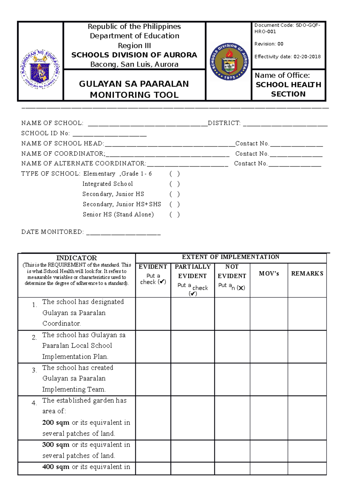 Gulayan sa Paaralan Monitoring Tool - Republic of the Philippines ...
