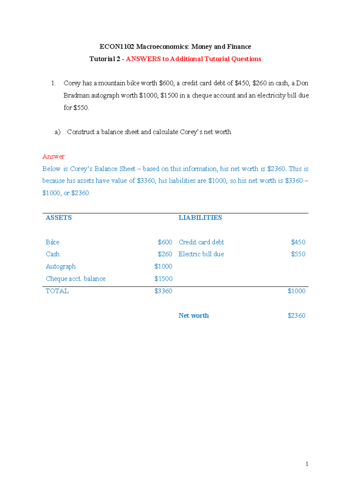 Tutorial 2 Answers To Additional Tutorial Questions Econ1102 Macroeconomics Money And