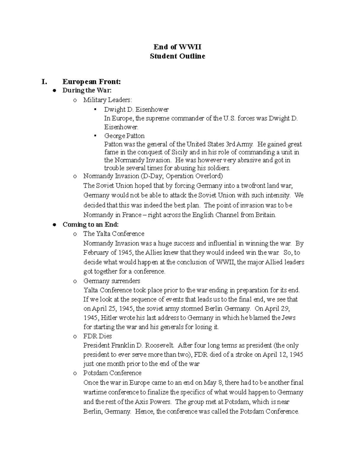 End of WWII - Student Outline - End of WWII Student Outline I. European ...