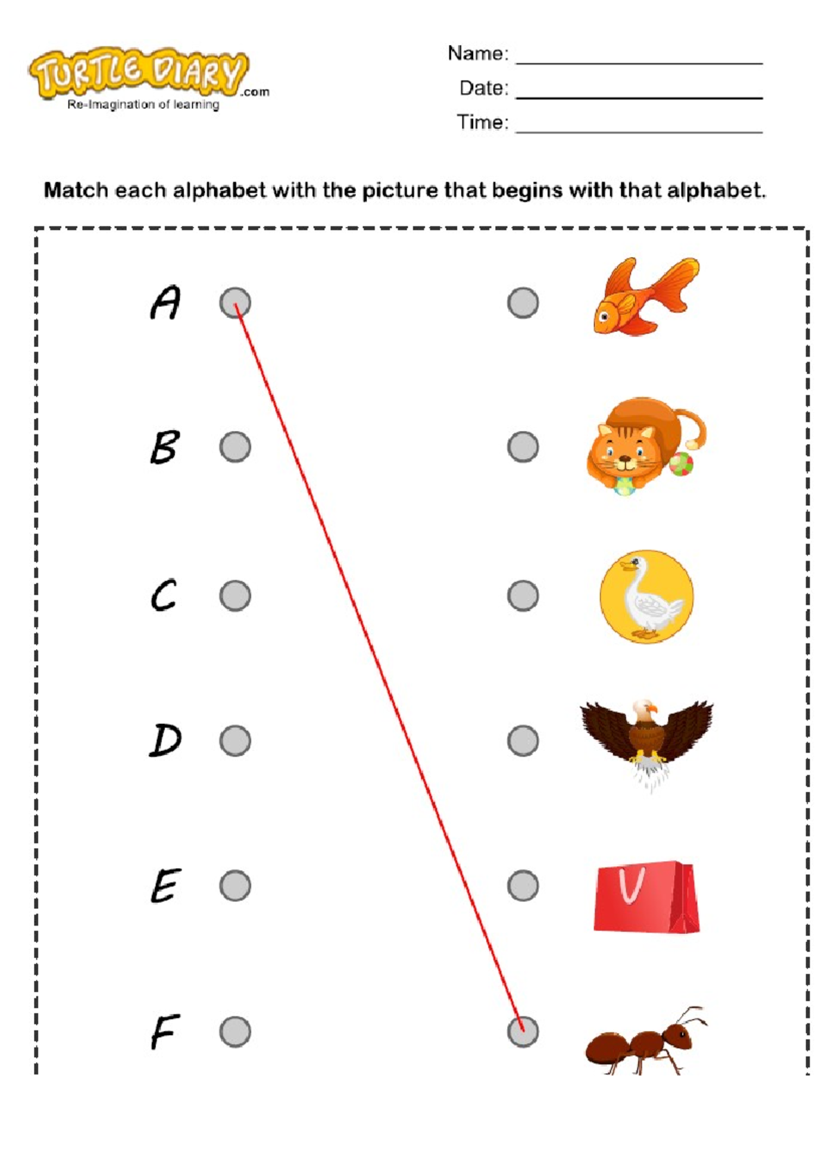 Match alphabet with the correct picture - Name: RTLE DIARY .com Date ...