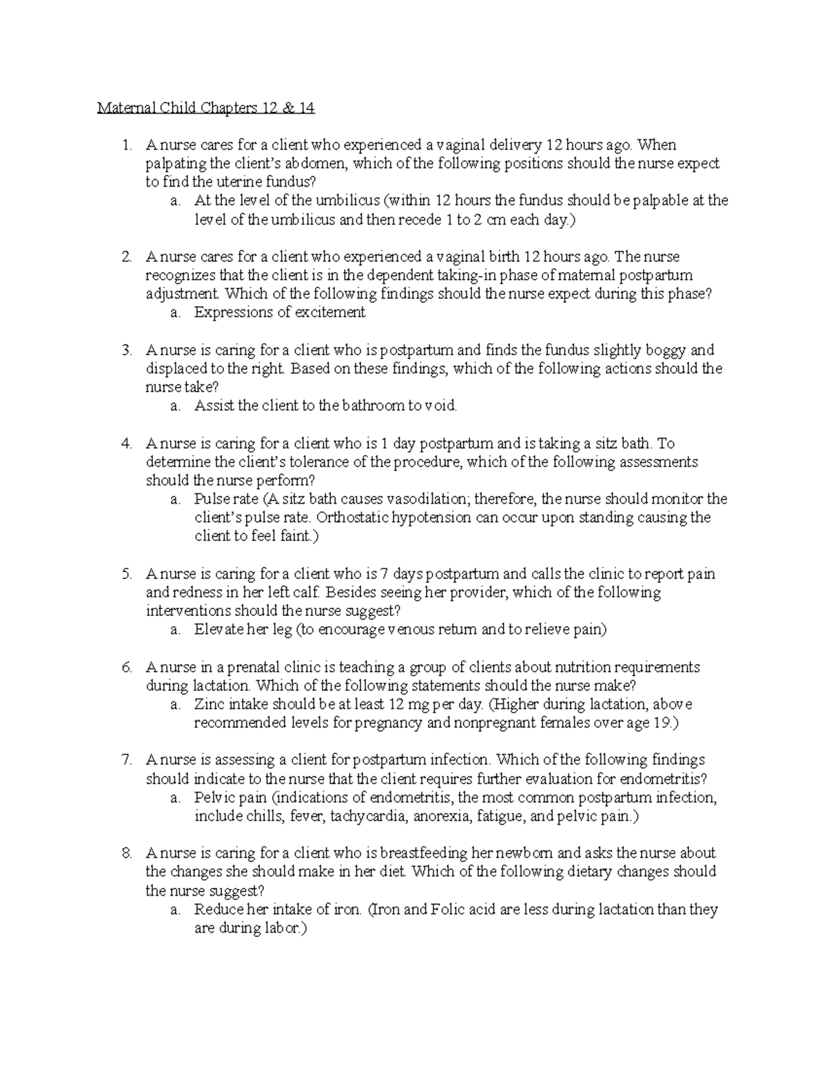 12 and 14 chapters materna lchild - Maternal Child Chapters 12 & 14 A ...