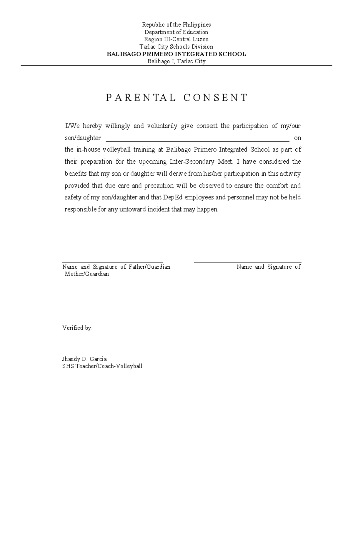 Kasunduan - PARENTAL CONSENT FOR VOLLEYBALL - Republic of the ...