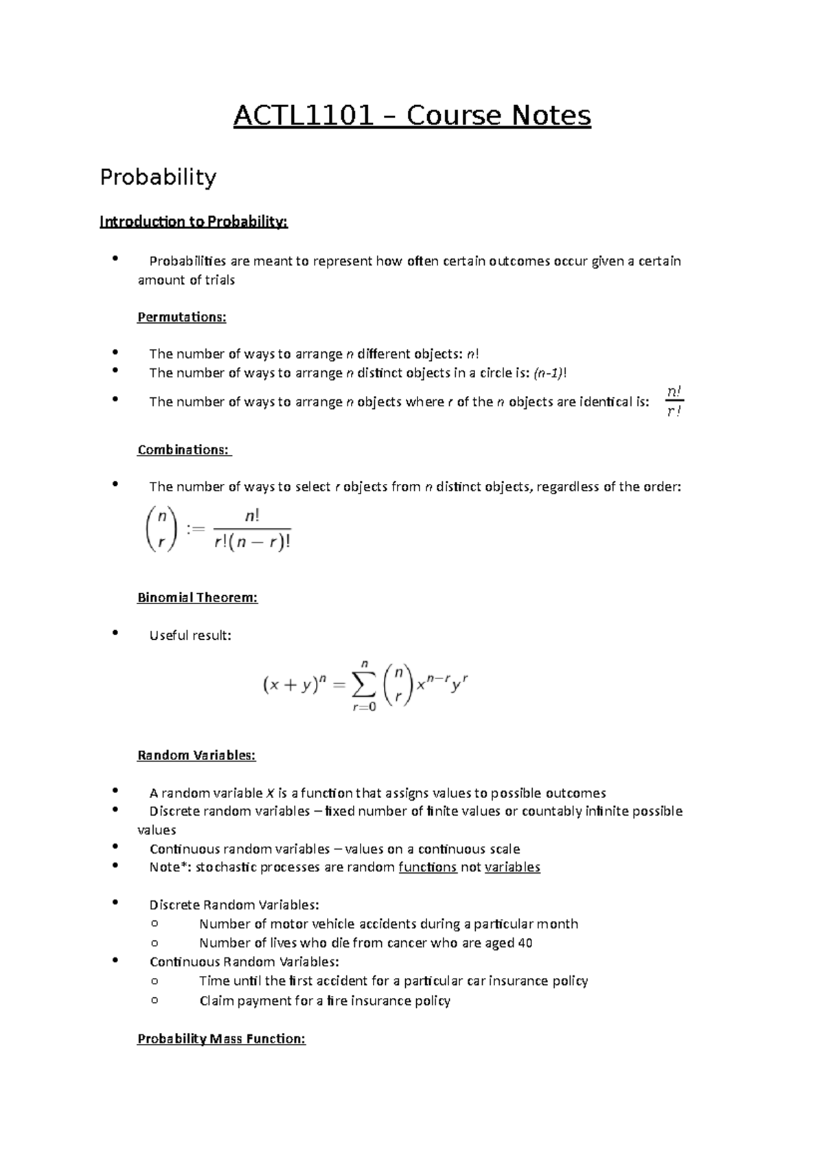 ACTL1101 Notes - ACTL1101 – Course Notes Probability Introduction to ...