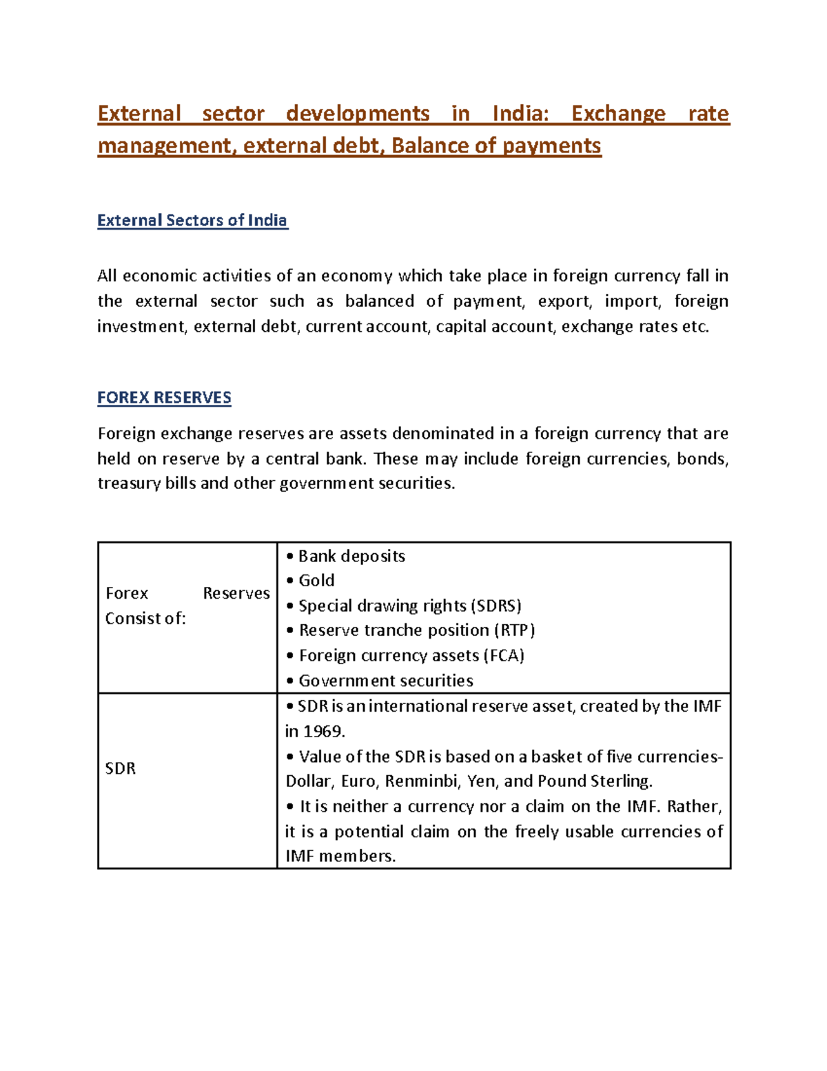 External sector developments in India - FOREX RESERVES Foreign exchange ...