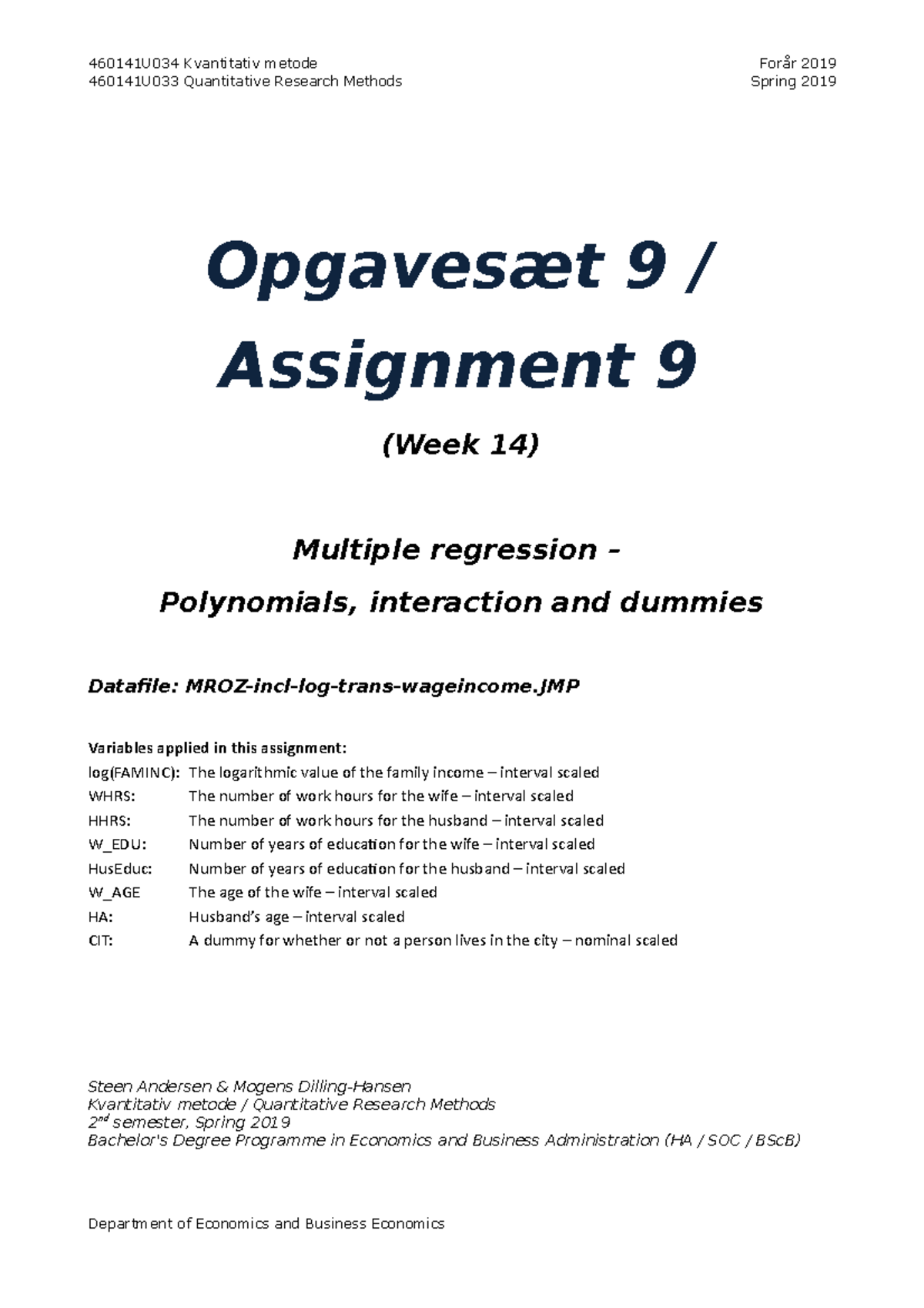 Multipel regression - 460141U034 Kvantitativ metode Forår 2019 ...