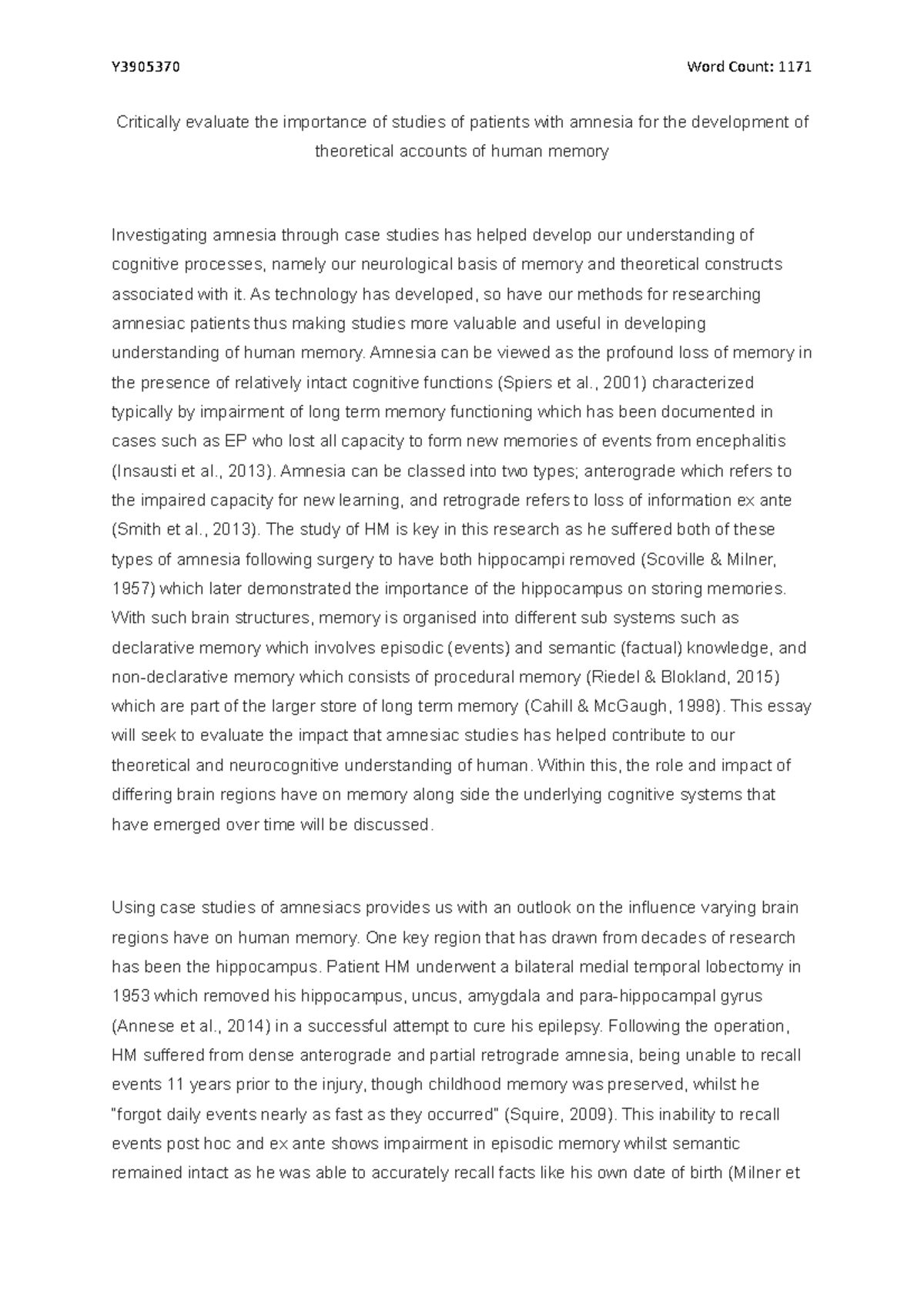 Amnesia Essay - Critically evaluate the importance of studies of ...