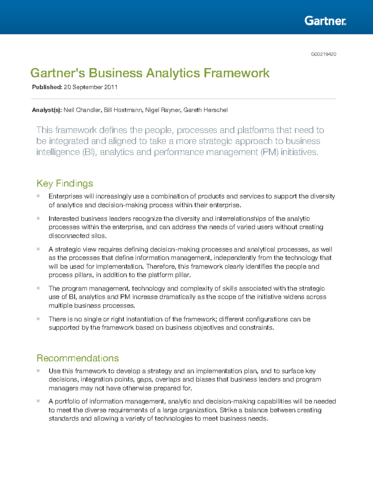 Gartners business analytics framework - G Gartner's Business Analytics ...