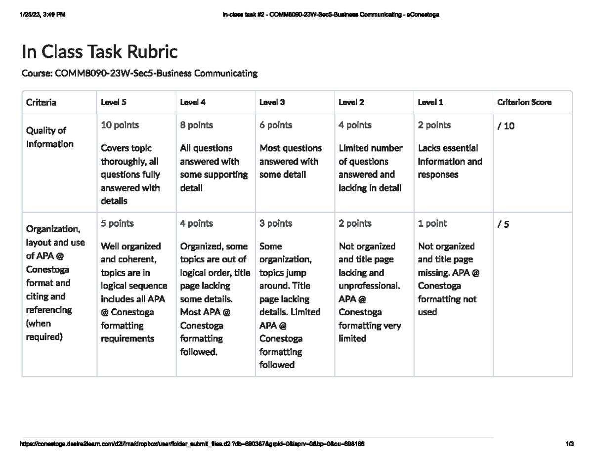 Rubric - Lecture Notes - 3:49 PM task Communicating eConestoga In Class ...