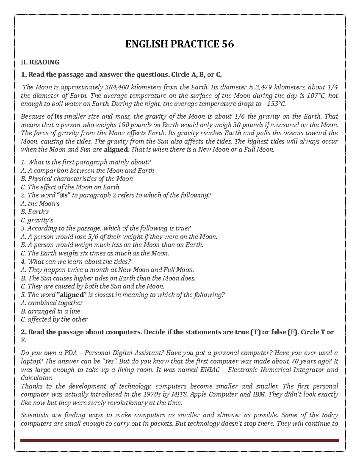 đề 36 - ,,,,,,,,, - ENGLISH PRACTICE 56 II. READING Read the passage ...