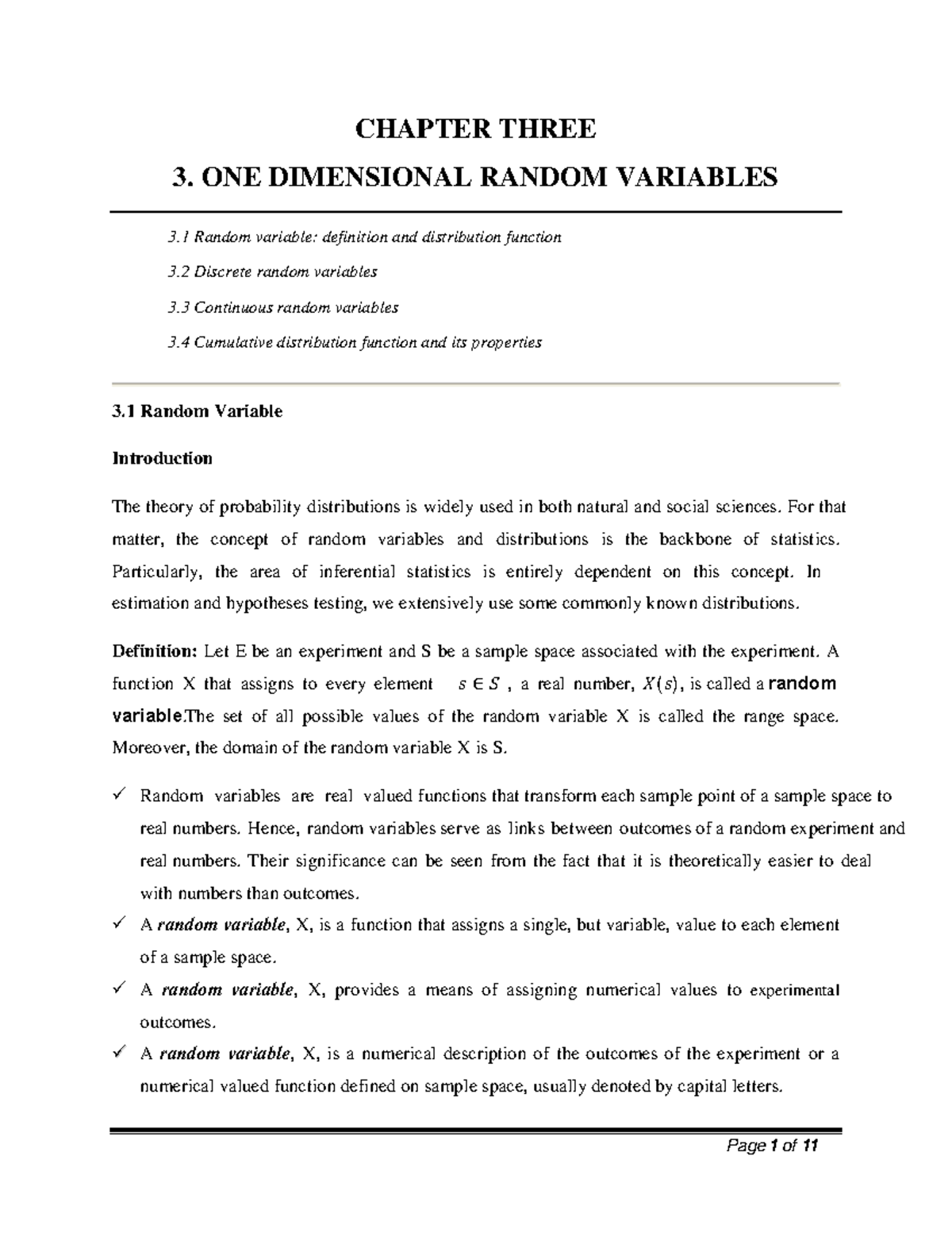 Probability, Chapter III - CHAPTER THREE 3. ONE DIMENSIONAL RANDOM ...
