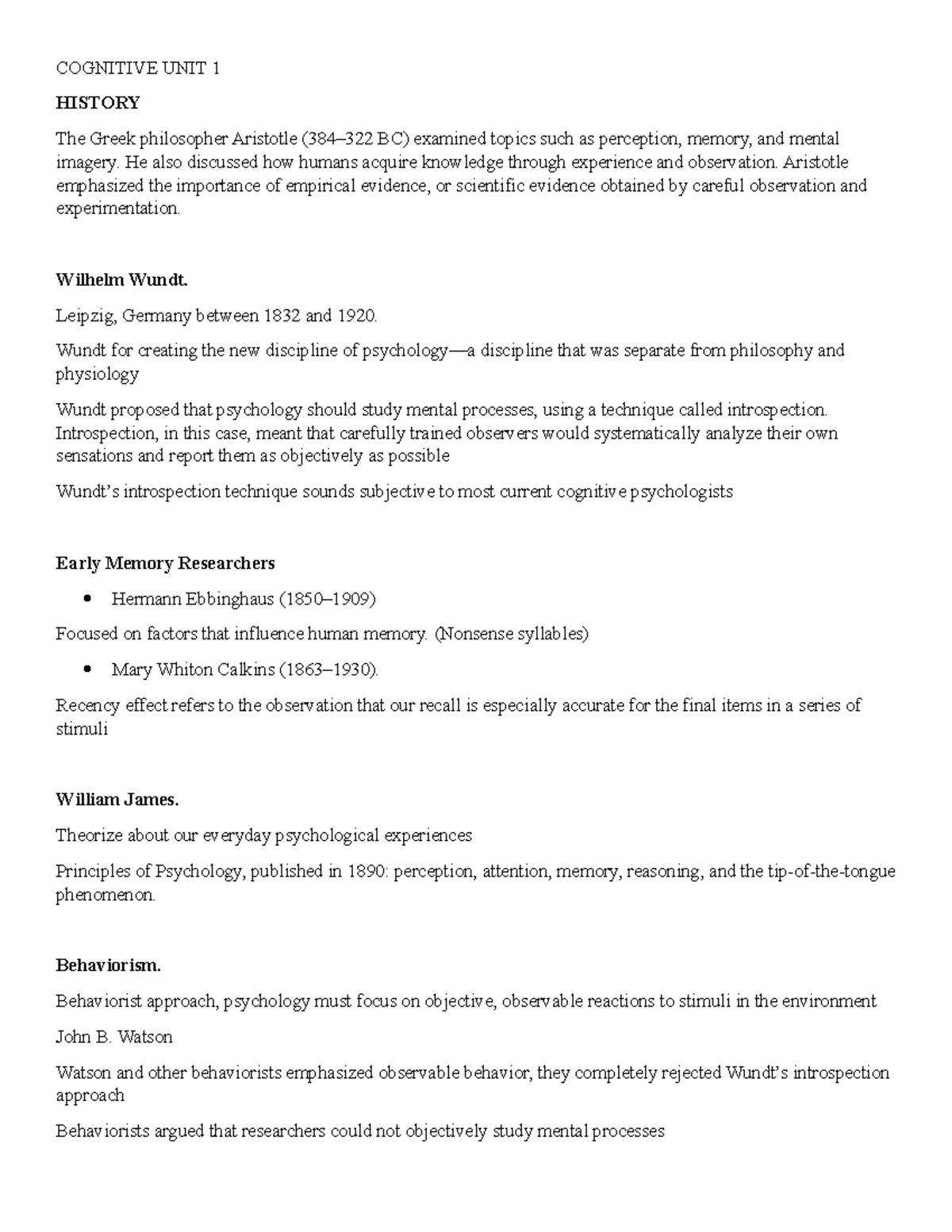 Advanced Cognitive Psychology - COGNITIVE UNIT 1 HISTORY The Greek ...