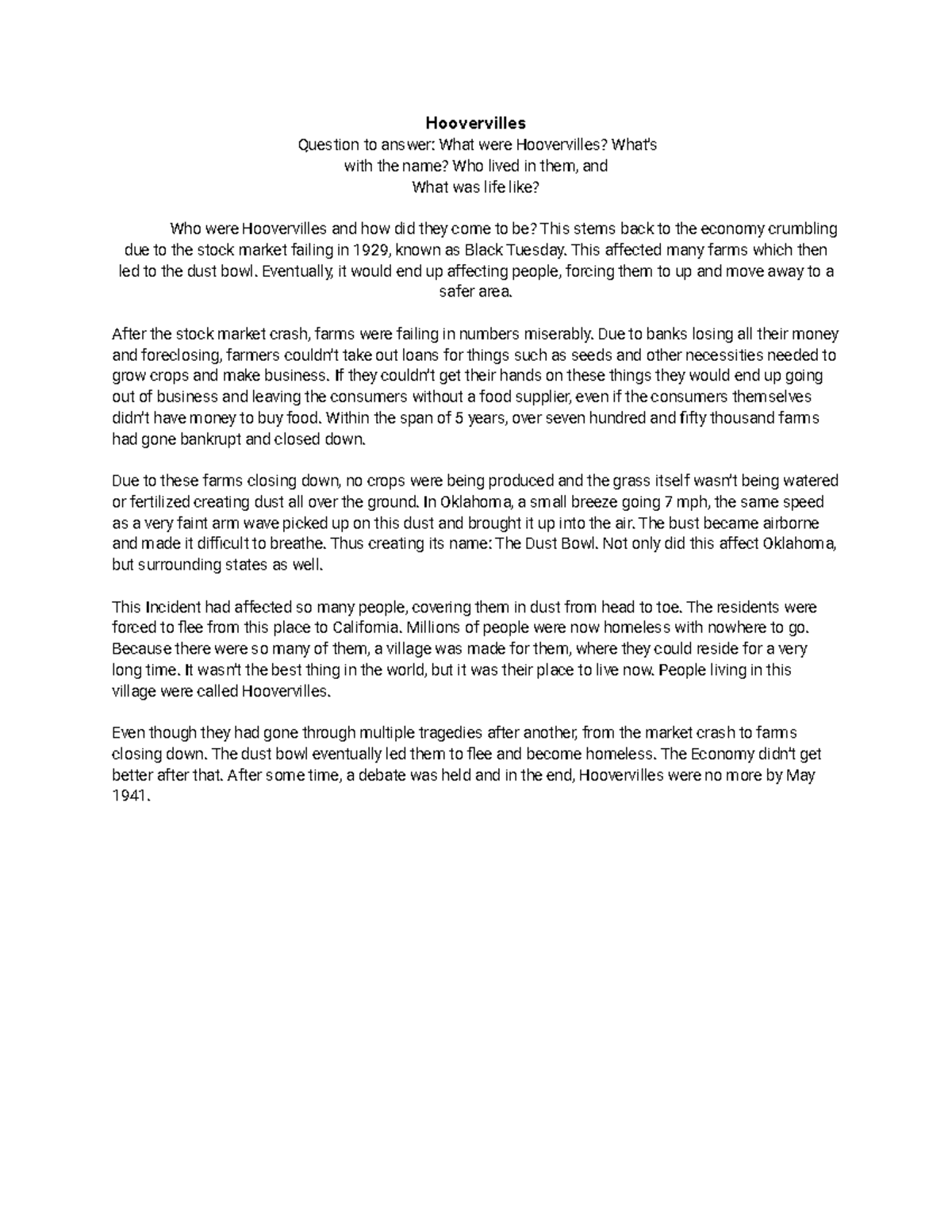 Hoovervilles- 5 Paragraph Essay - Hoovervilles Question to answer: What ...