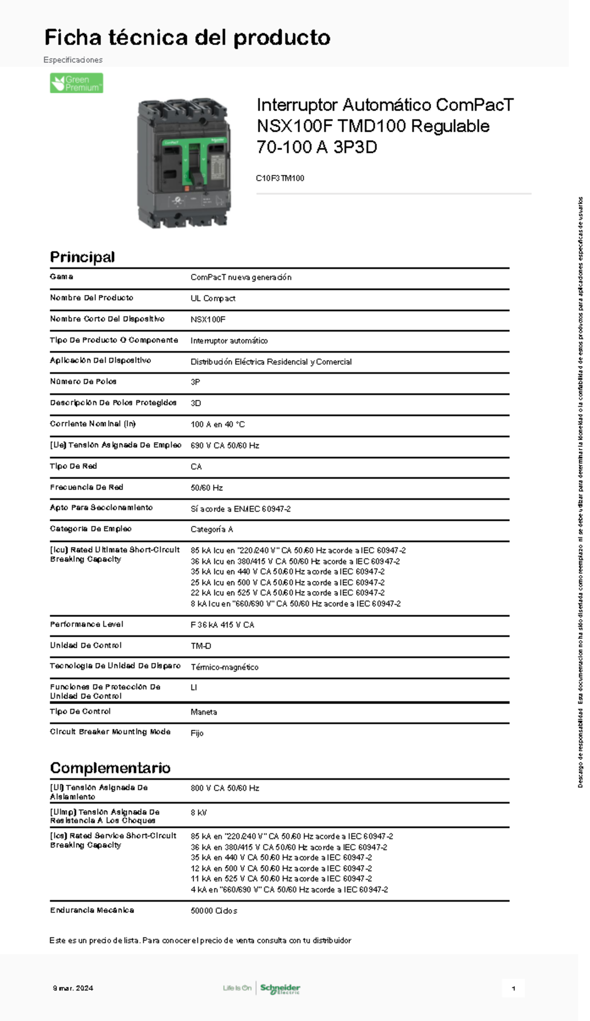 Schneider Electric Nueva-generación-Com Pac T-NSX C10F3TM100 ...