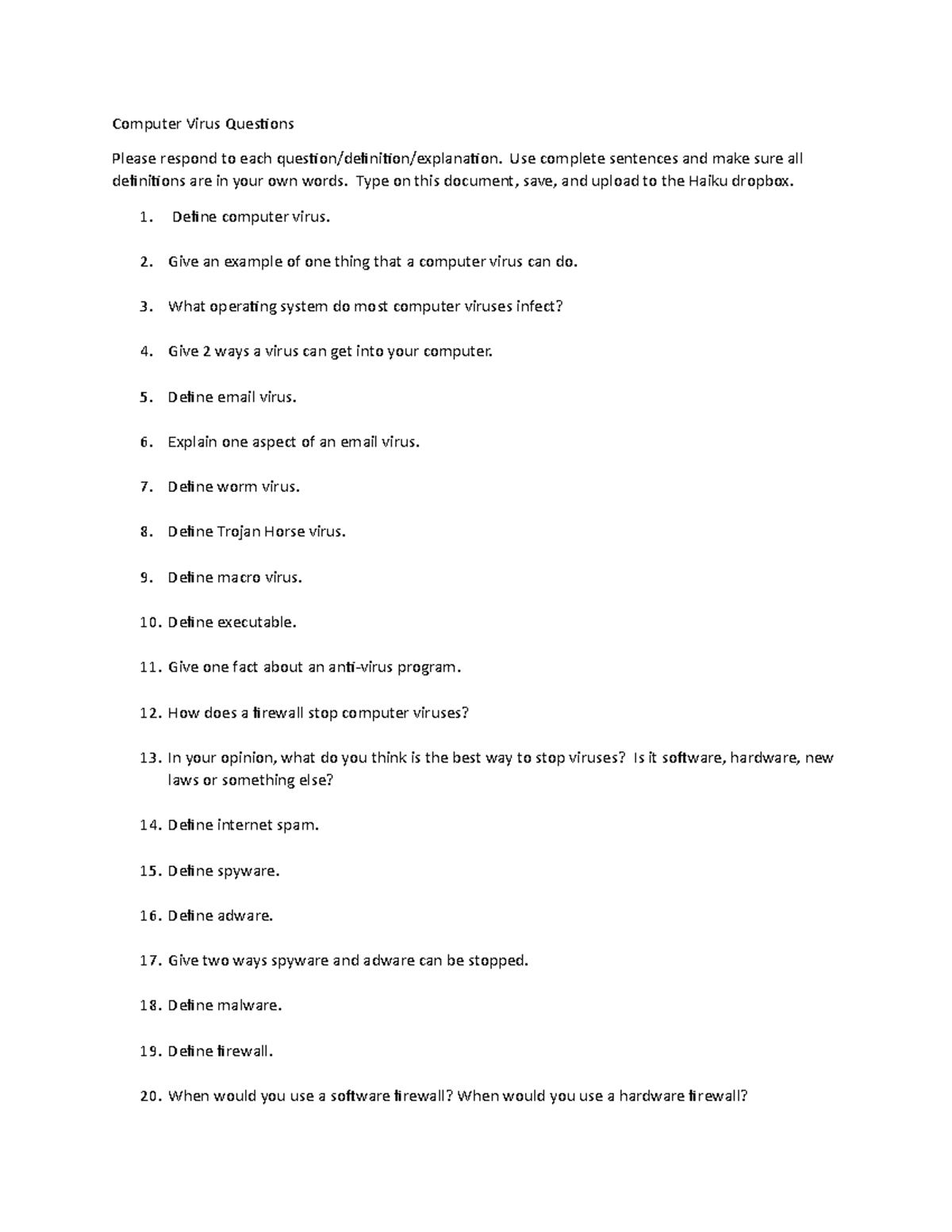 Computer Virus Questions - Computer Virus Questions Please respond to ...