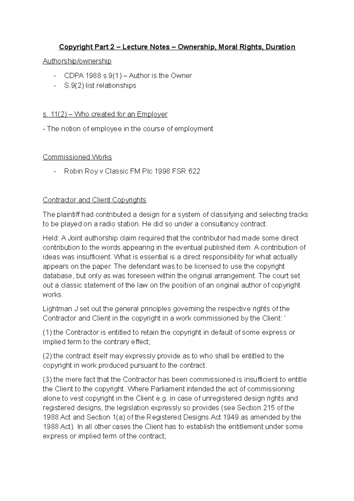 Copyright Part 2 – Lecture Notes – Ownership, Moral Rights, Duration ...