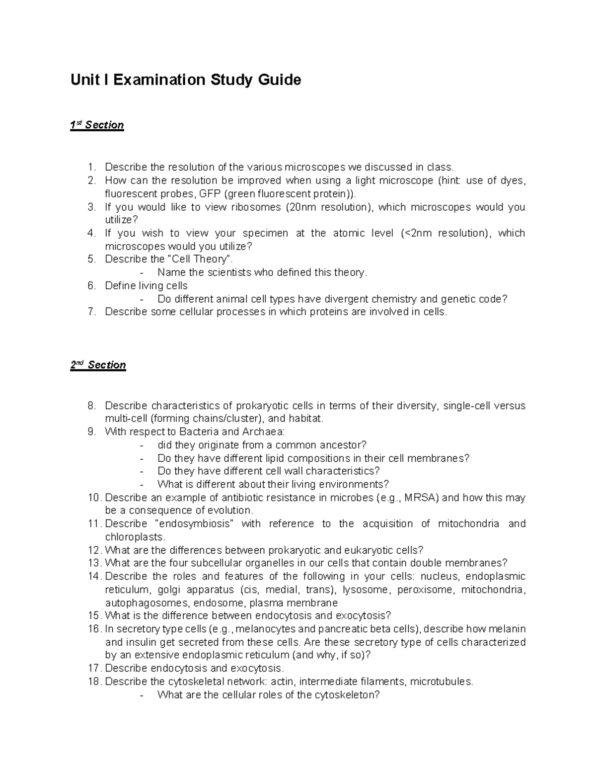 Unit 1 Study Guide - Unit I Examination Study Guide 1 st Section ...