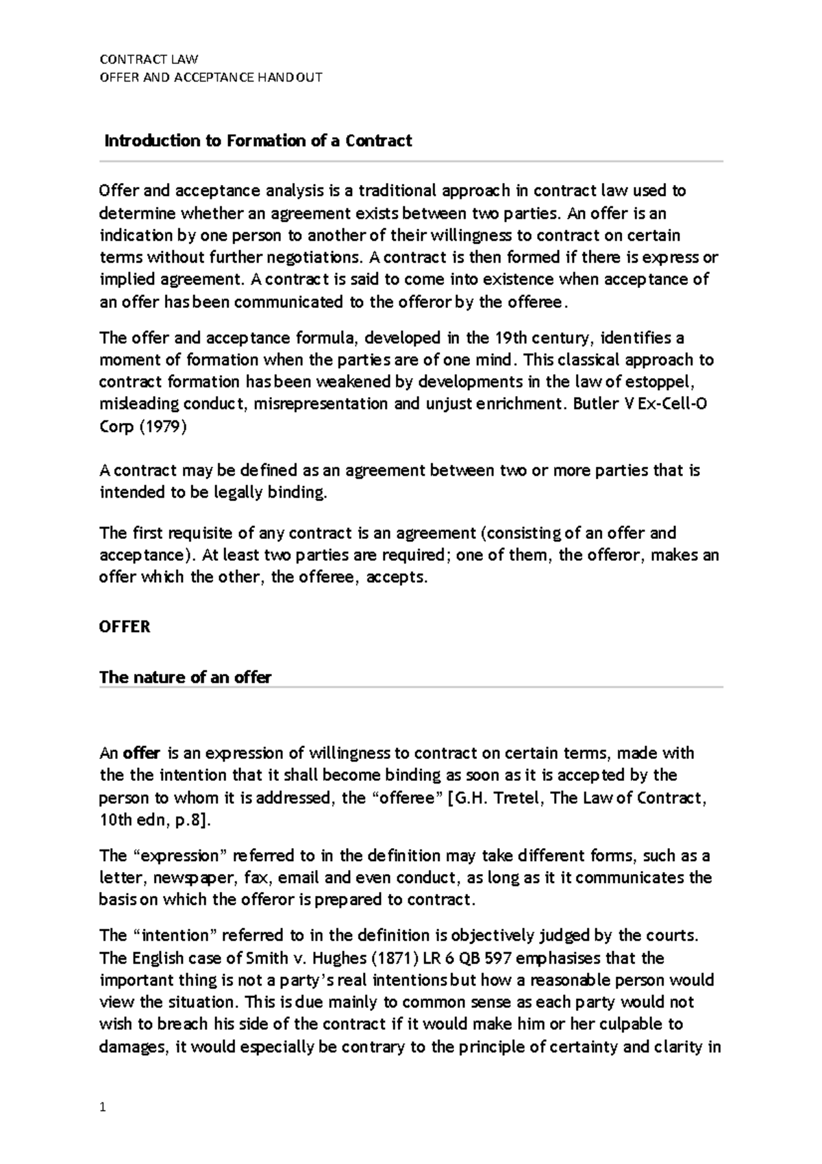 Offer AND Acceptance - OFFER AND ACCEPTANCE HANDOUT Introduction to ...