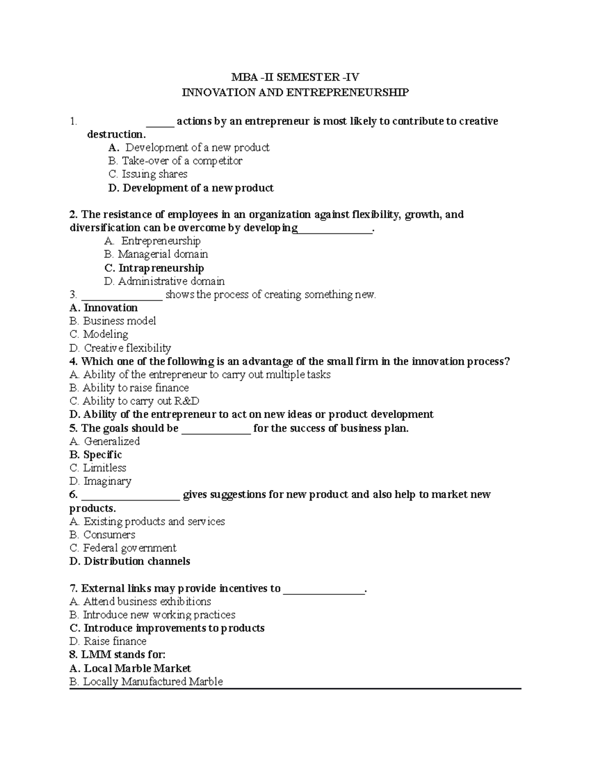 Innovation AND Entrepreneurship MCQ - MBA -II SEMESTER -IV INNOVATION ...