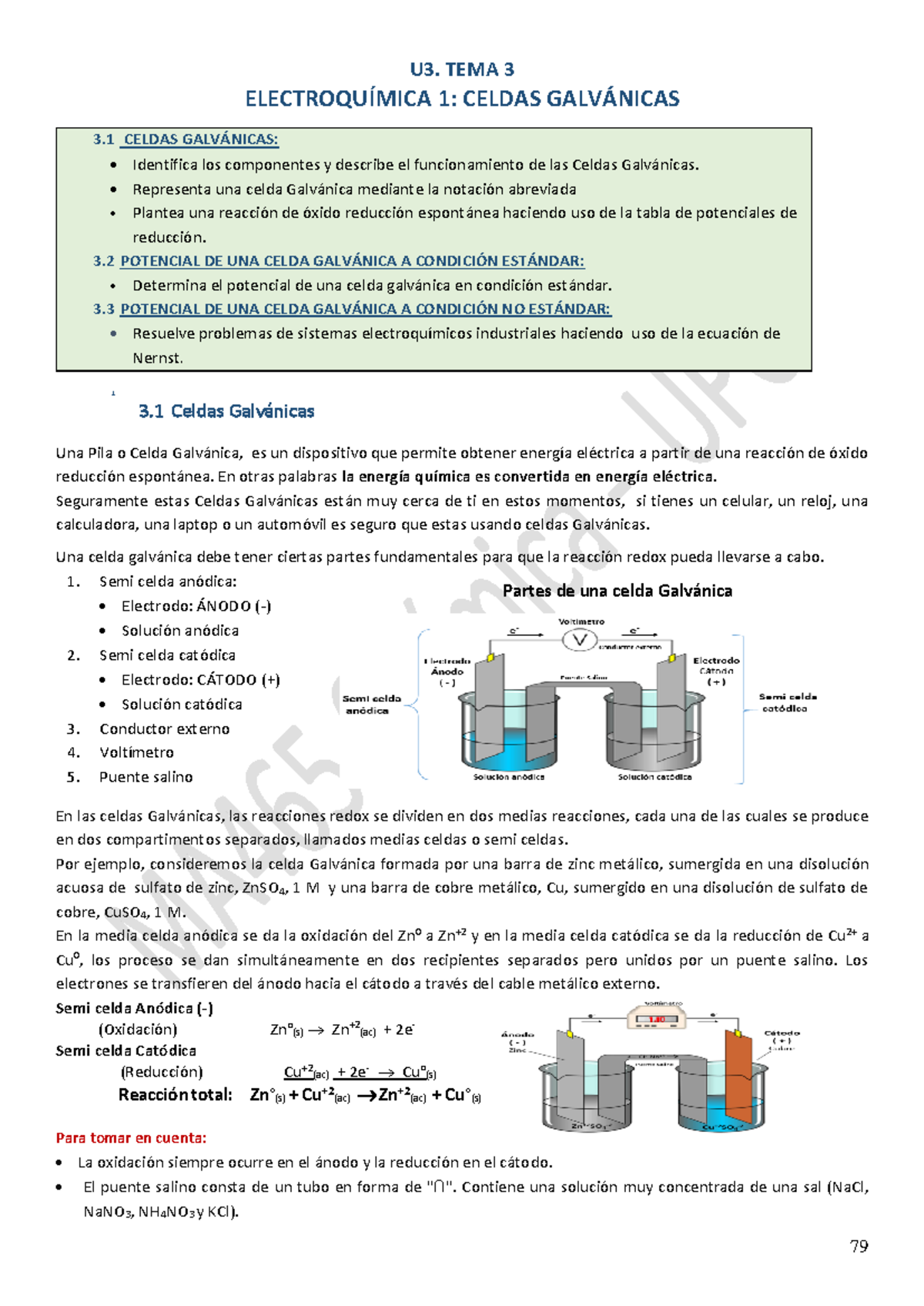 Electroquímica 1 - U 3. TEMA 3 ELECTROQUÍMICA 1 : CELDAS GALVÁNICAS 3 CELDAS GALVÁNICAS: • - Studocu