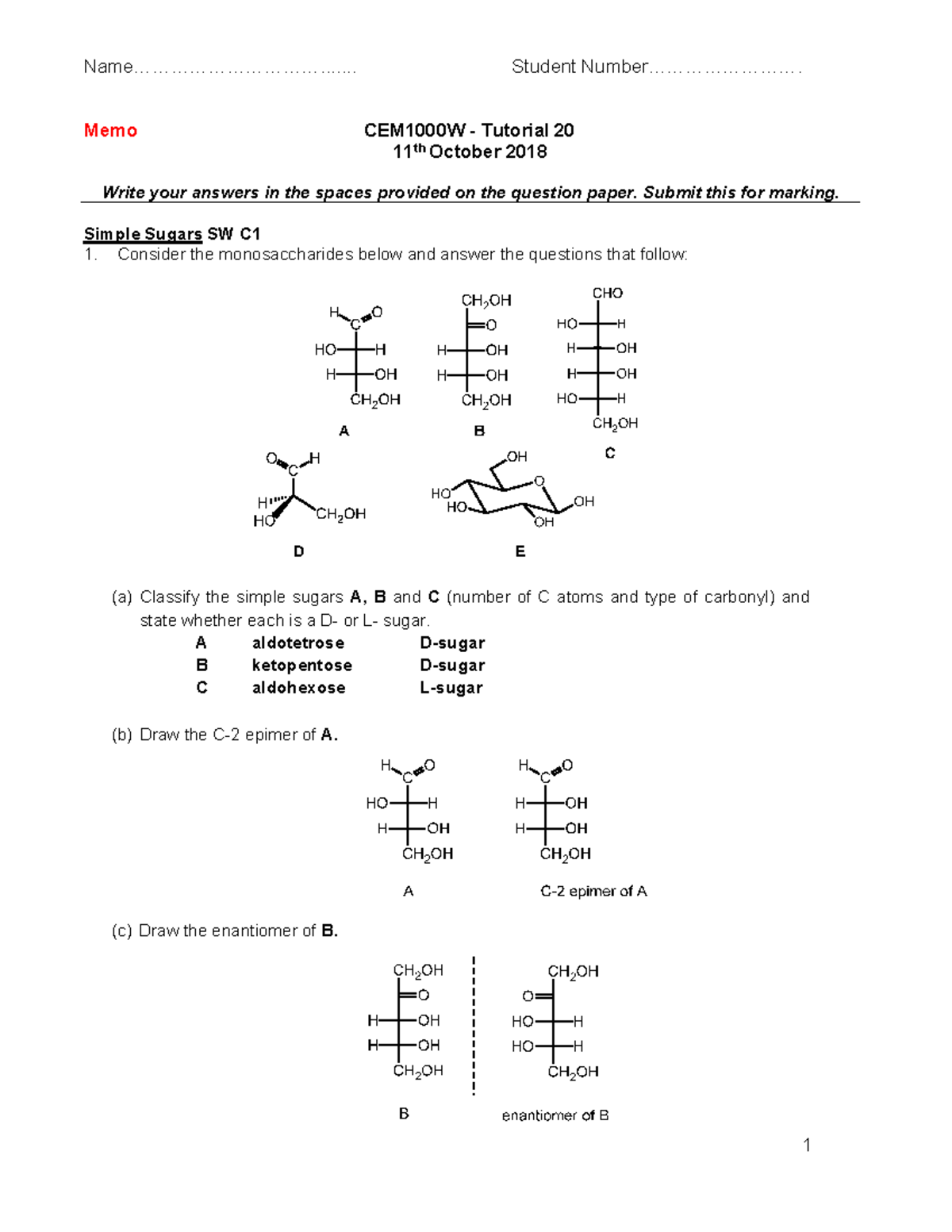 CEM1000W 2018 Tutorial 20 - memo - Name ....... Memo Student Number . CEM1000W - - Studocu