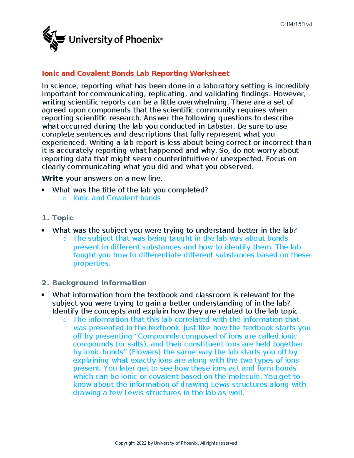 Chm150 v4 wk4 ionic and covalent bonds lab report observational - CHM/150 v Ionic and Covalent ...