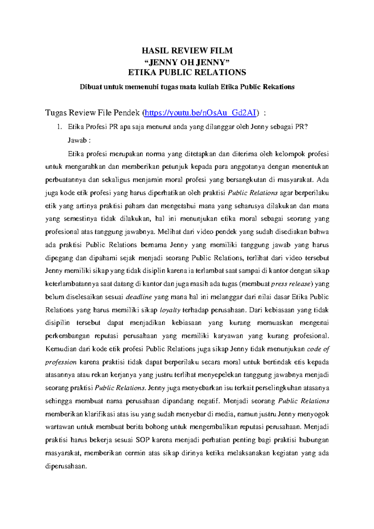 Analisis Film Pendek Public Relations "Jenny Oh Jenny" - HASIL REVIEW FILM